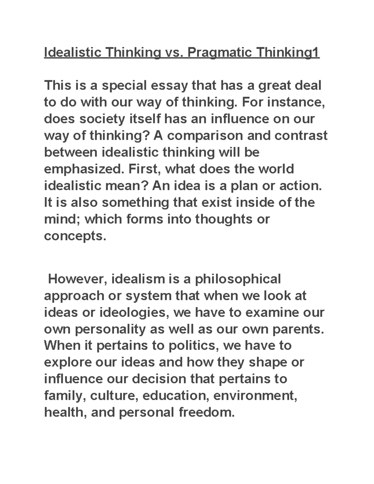 Idealistic Thinking vs Pragmatic Thinking - Idealistic Thinking vs ...