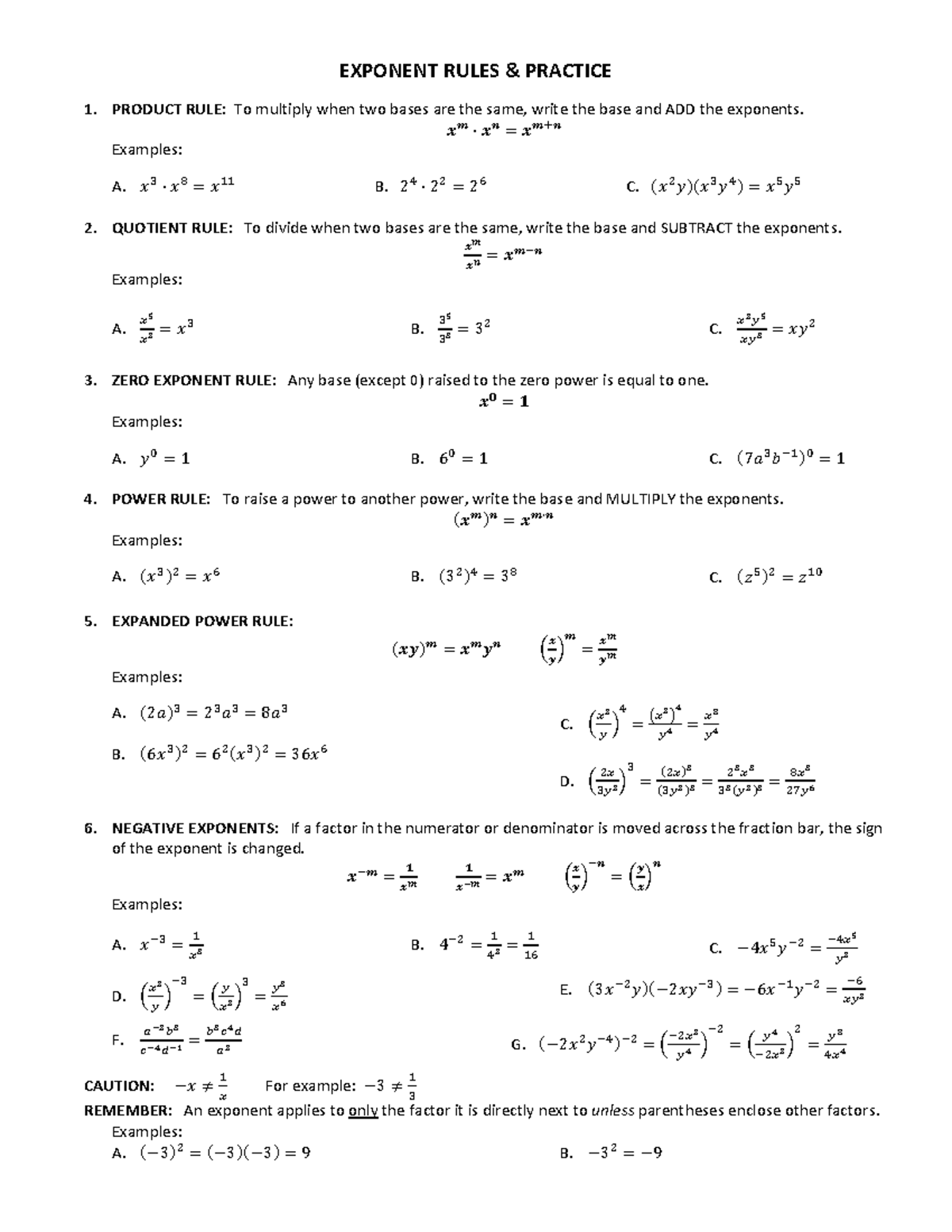 Exponent Rules Practice - EXPONENT RULES & PRACTICE 1. PRODUCT RULE: To ...