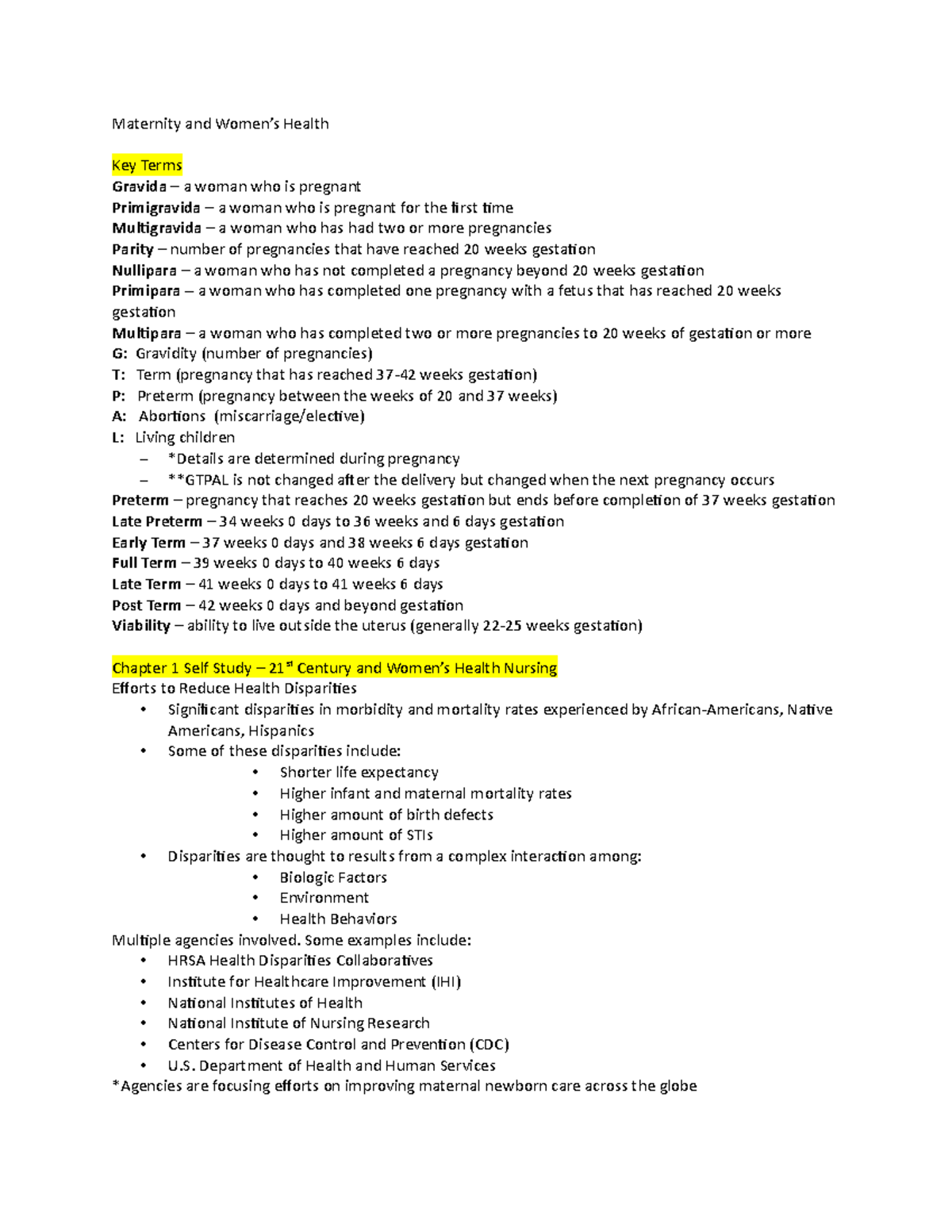 Maternity and Women Chapter 1,2,4,20 Notes - Maternity and Women’s ...