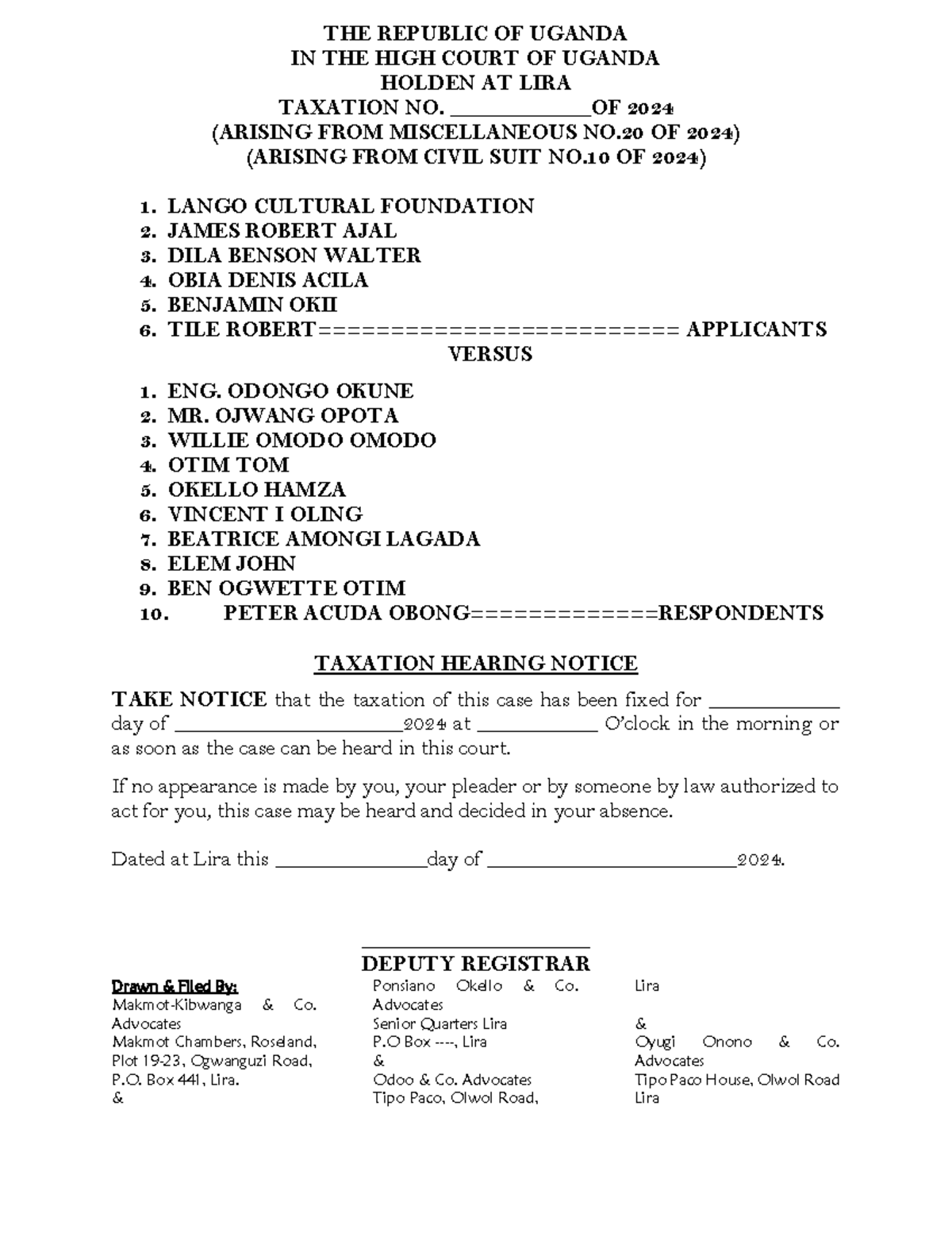 Bill of Cost Temporary Injunction- HHW .Eng Odongo Okune - THE REPUBLIC ...