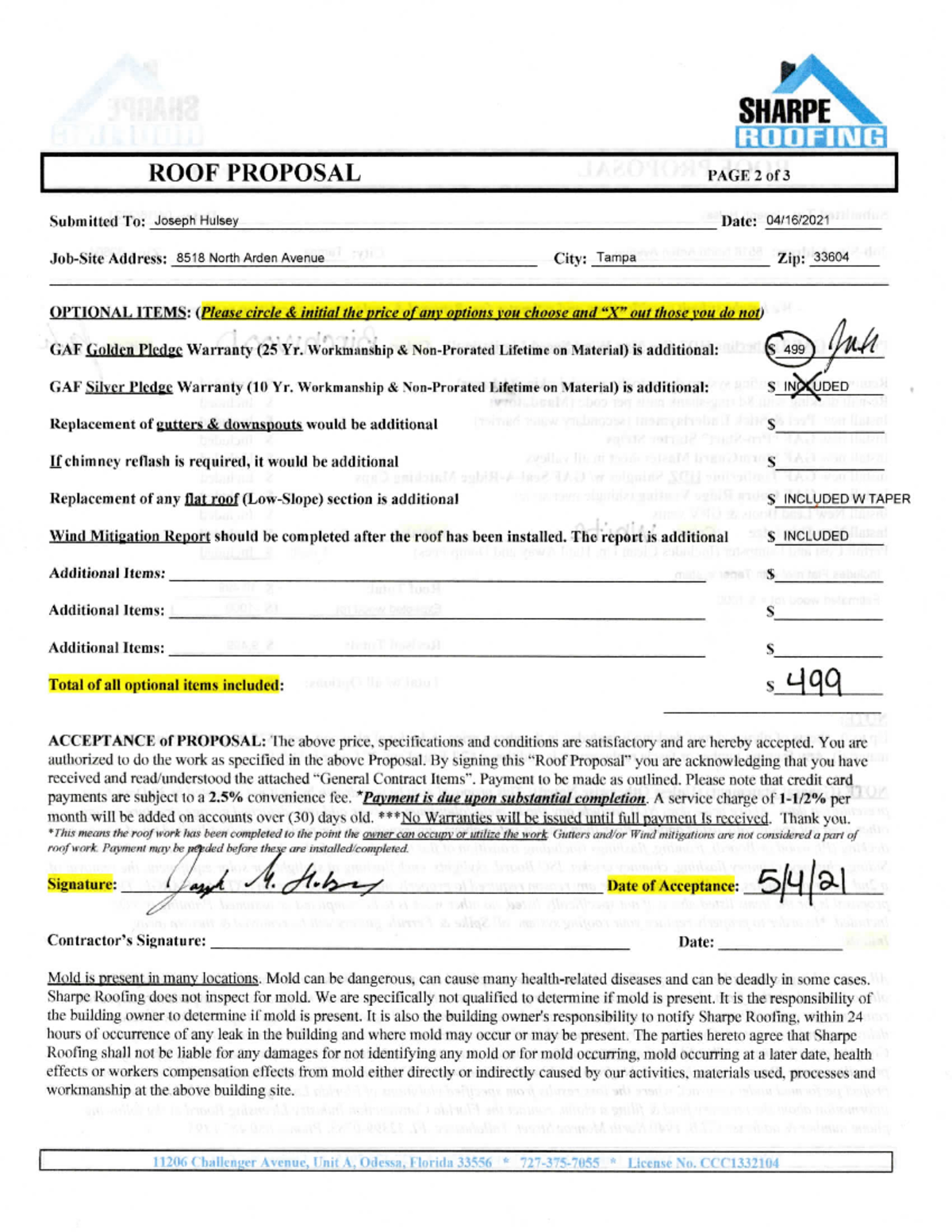 Roof proposal - SHARPE ROOFING ROOF PROPOSAL PAGE 2 of 3 Submitted To ...