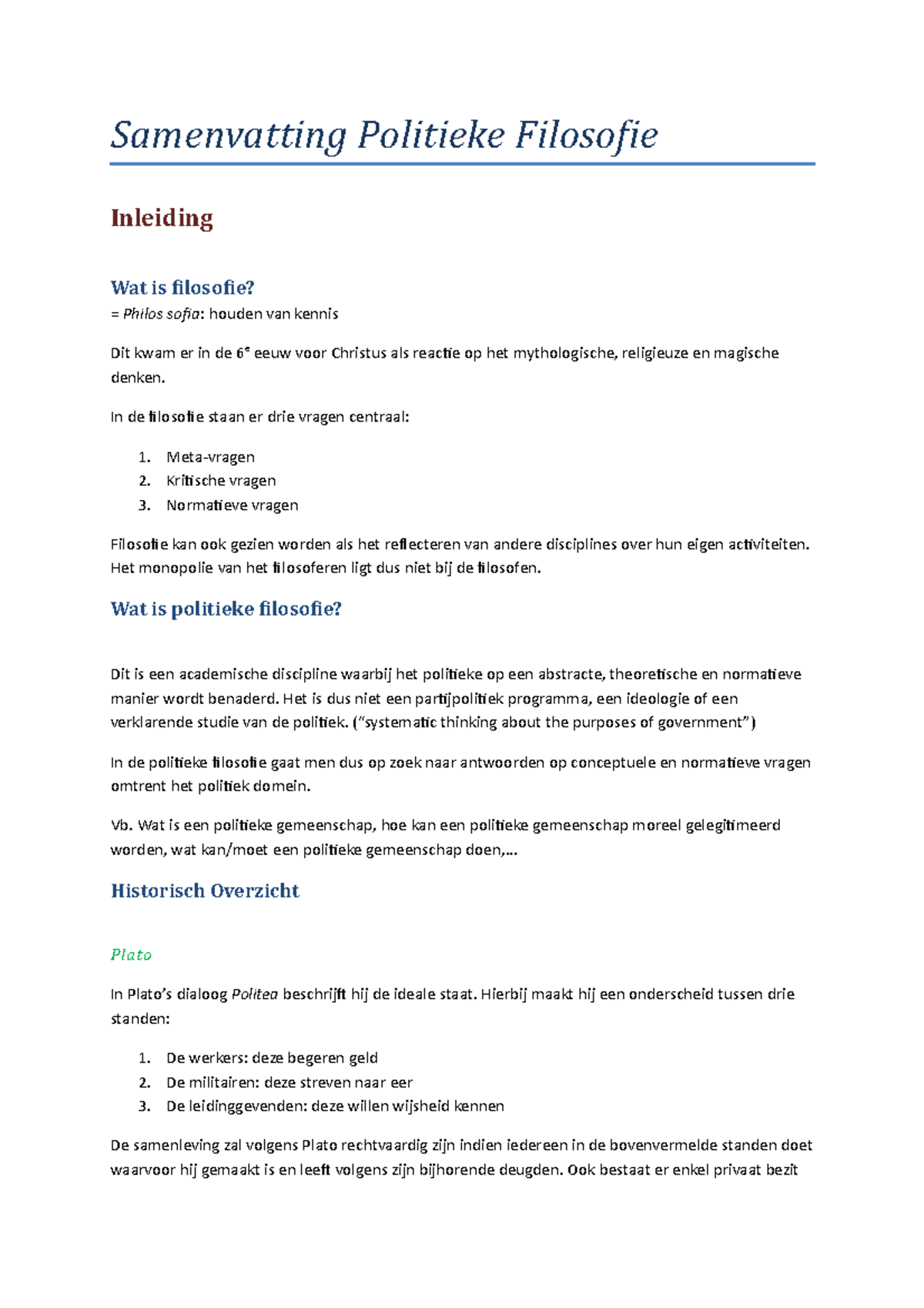 Samenvatting Politieke Filosofie - Samenvatting Politieke Filosofie Inleiding Wat is filosofie ...