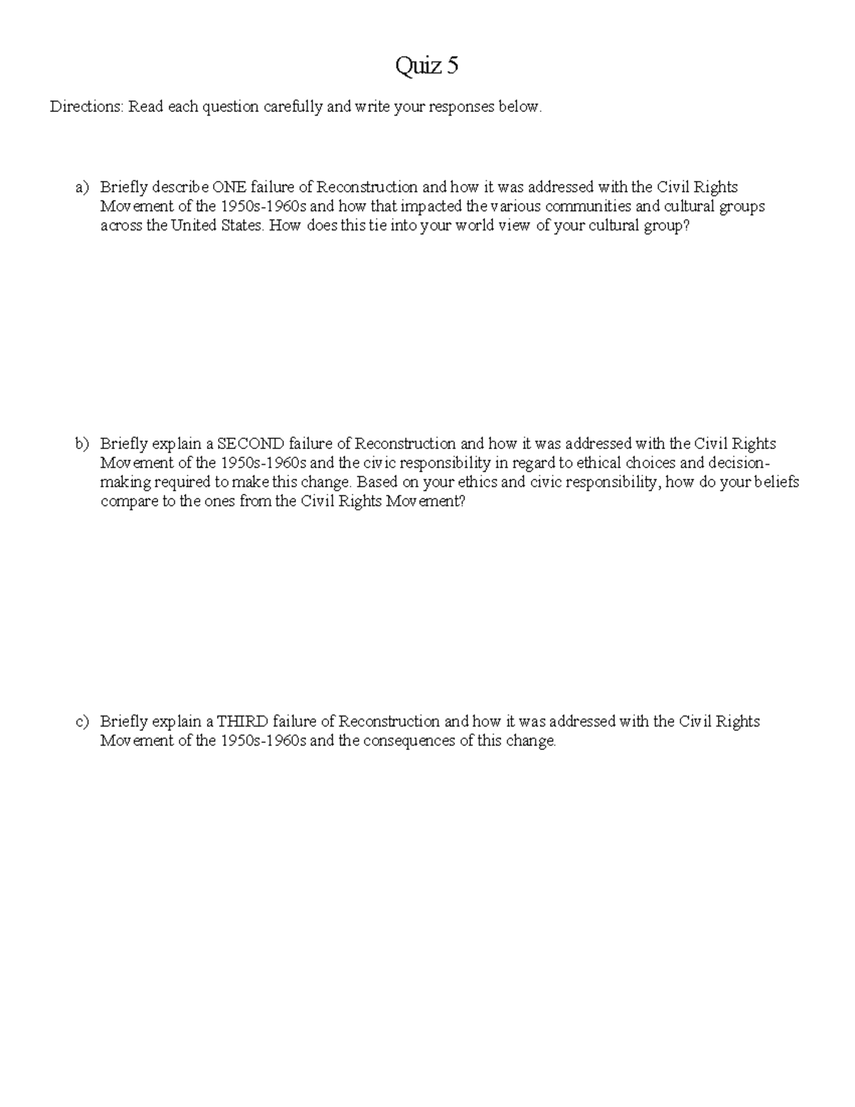 SAQ Quiz 5 Civil Rights - ... - Quiz 5 Directions: Read each question ...