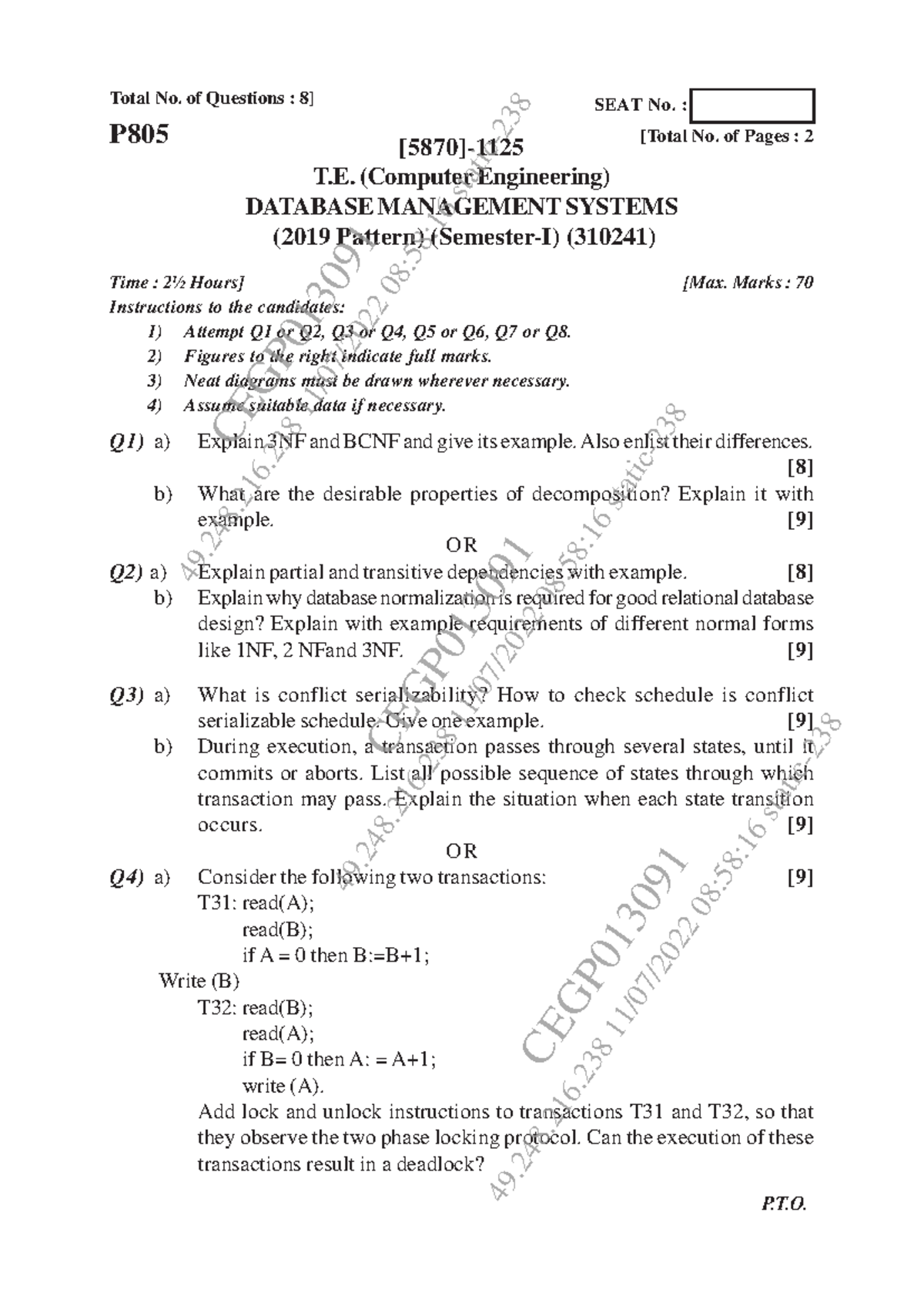Endsem Dbms All Pyq Question Paper Total No Of Questions 8 5870 T Computer