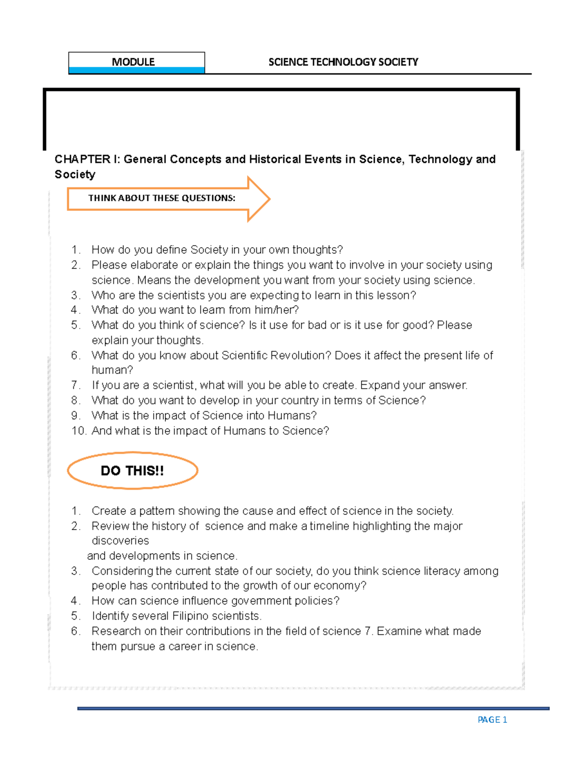 Chapter I Activities - Gogo - MODULE SCIENCE TECHNOLOGY SOCIETY CHAPTER ...