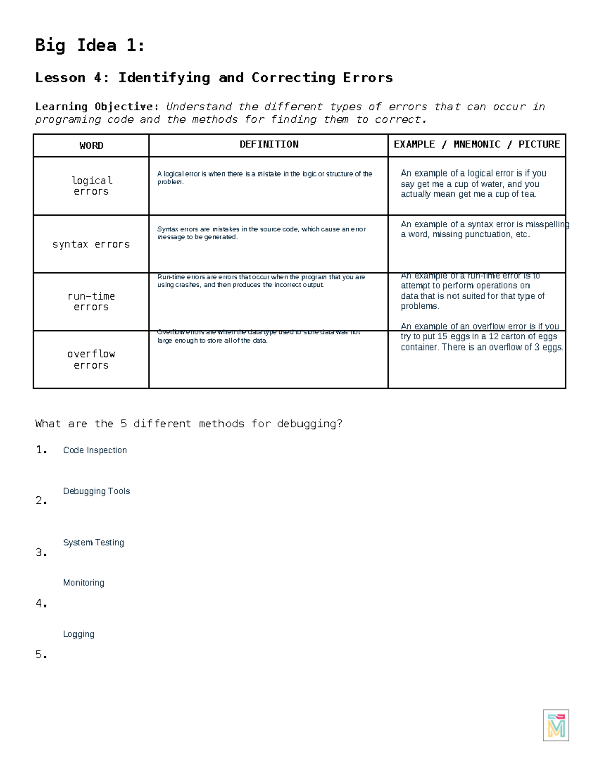 Prgramming errors practice - Big Idea 1: Lesson 4: Identifying and Correcting Errors Learning ...