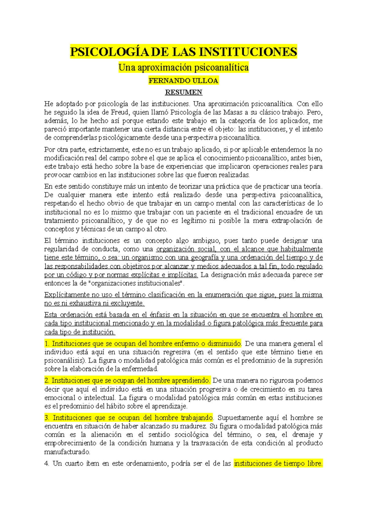 Ulloa - Resumen - PSICOLOGÍA DE LAS INSTITUCIONES Una aproximación ...