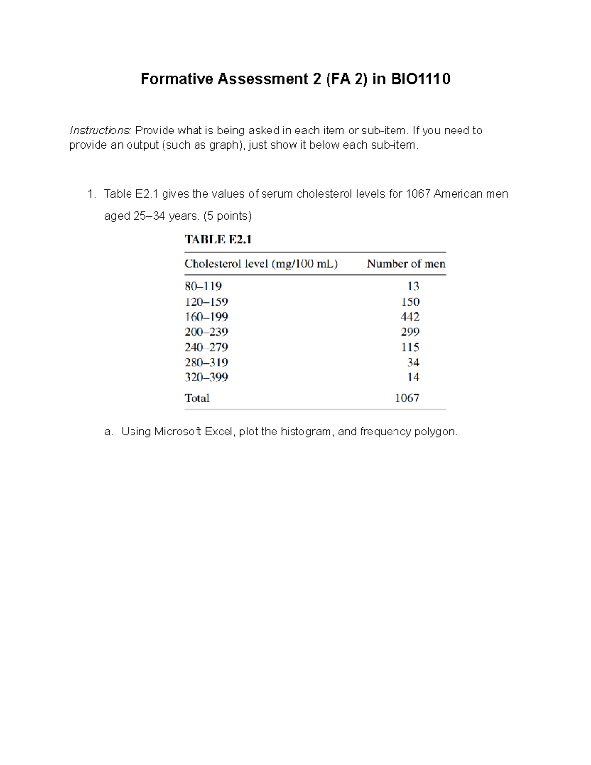 Biostats LAB FA 2 - Problem worksheet - Formative Assessment 2 (FA 2 ...