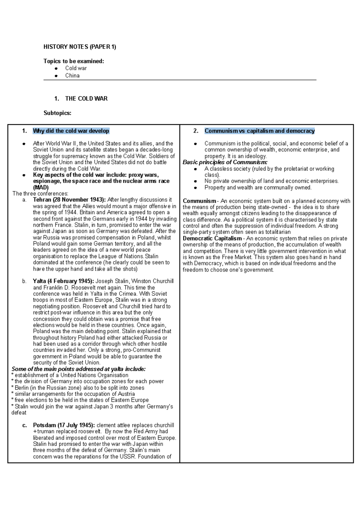 History notes 2021 - HISTORY NOTES (PAPER 1) Topics to be examined ...