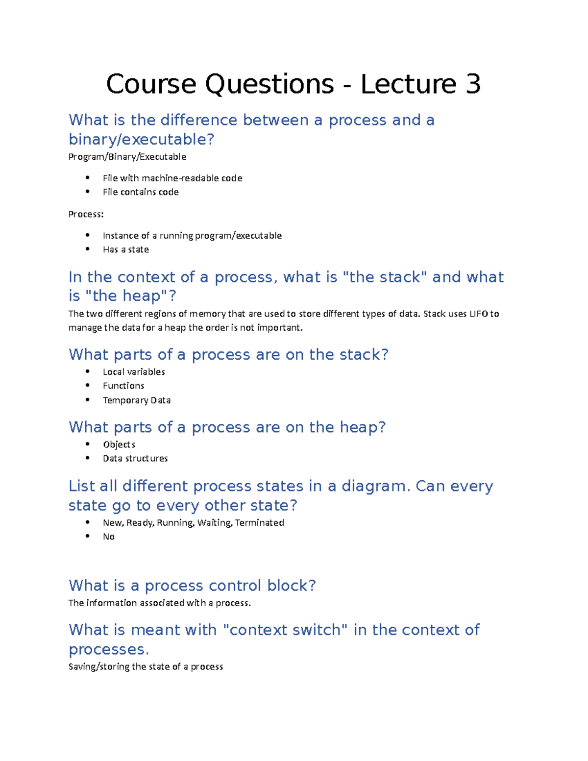 Course Questions Lecture 3 - Operating Systems Concepts - Howest - Studocu