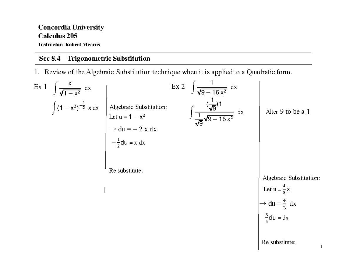Note Outline Sec 8.4 Trig Substitution - Concordia University Calculus ...