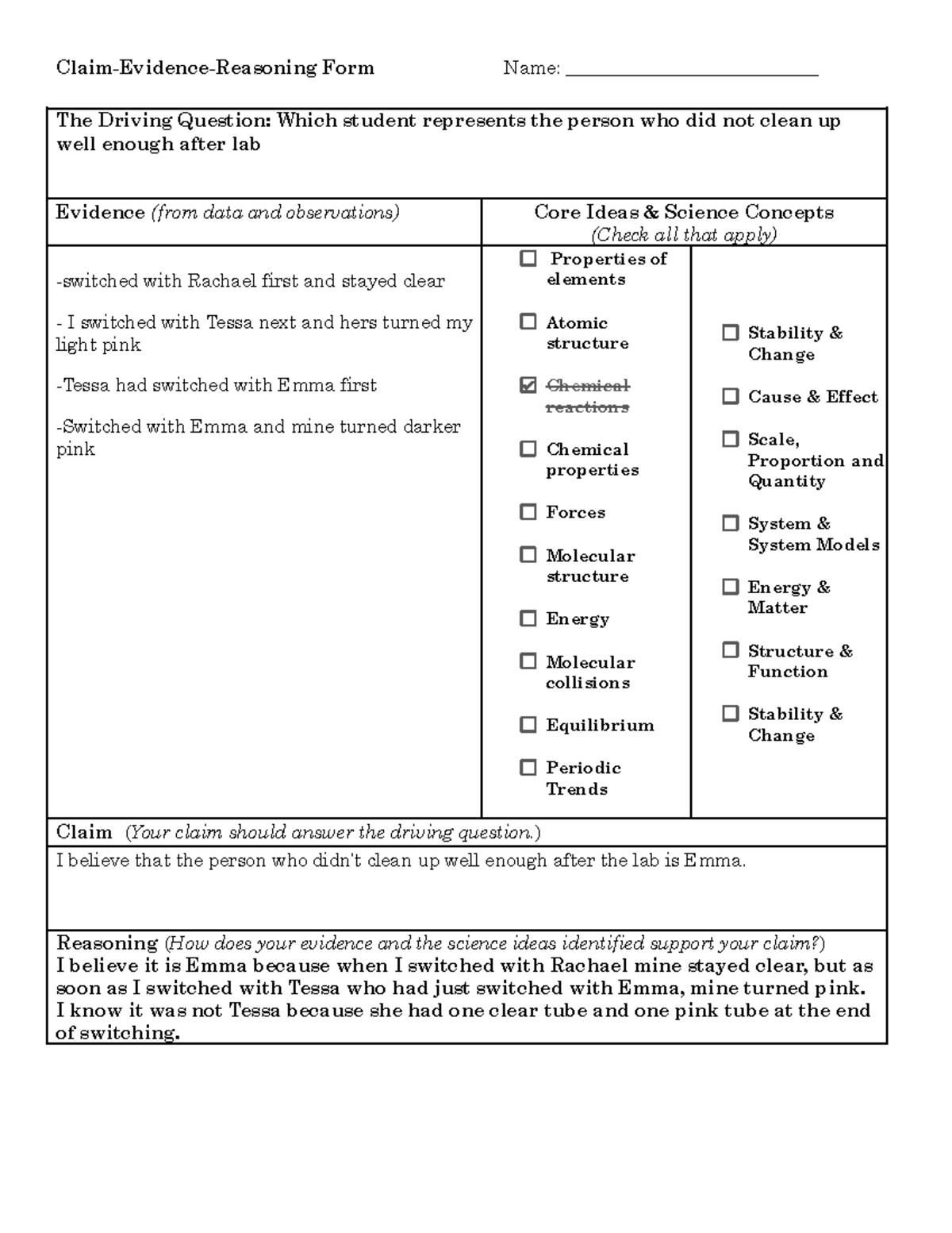 Chemistry CER form - Claim-Evidence-Reasoning Form Name ...