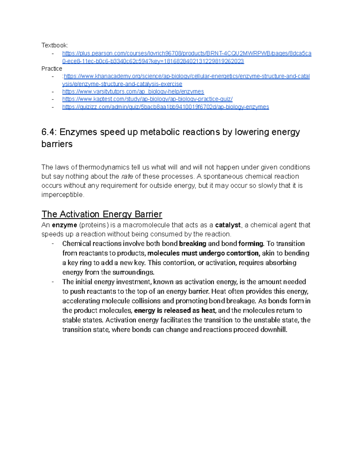 Ap bio chapter 6.4 6 - Enzyme notes - Textbook: - - Studocu