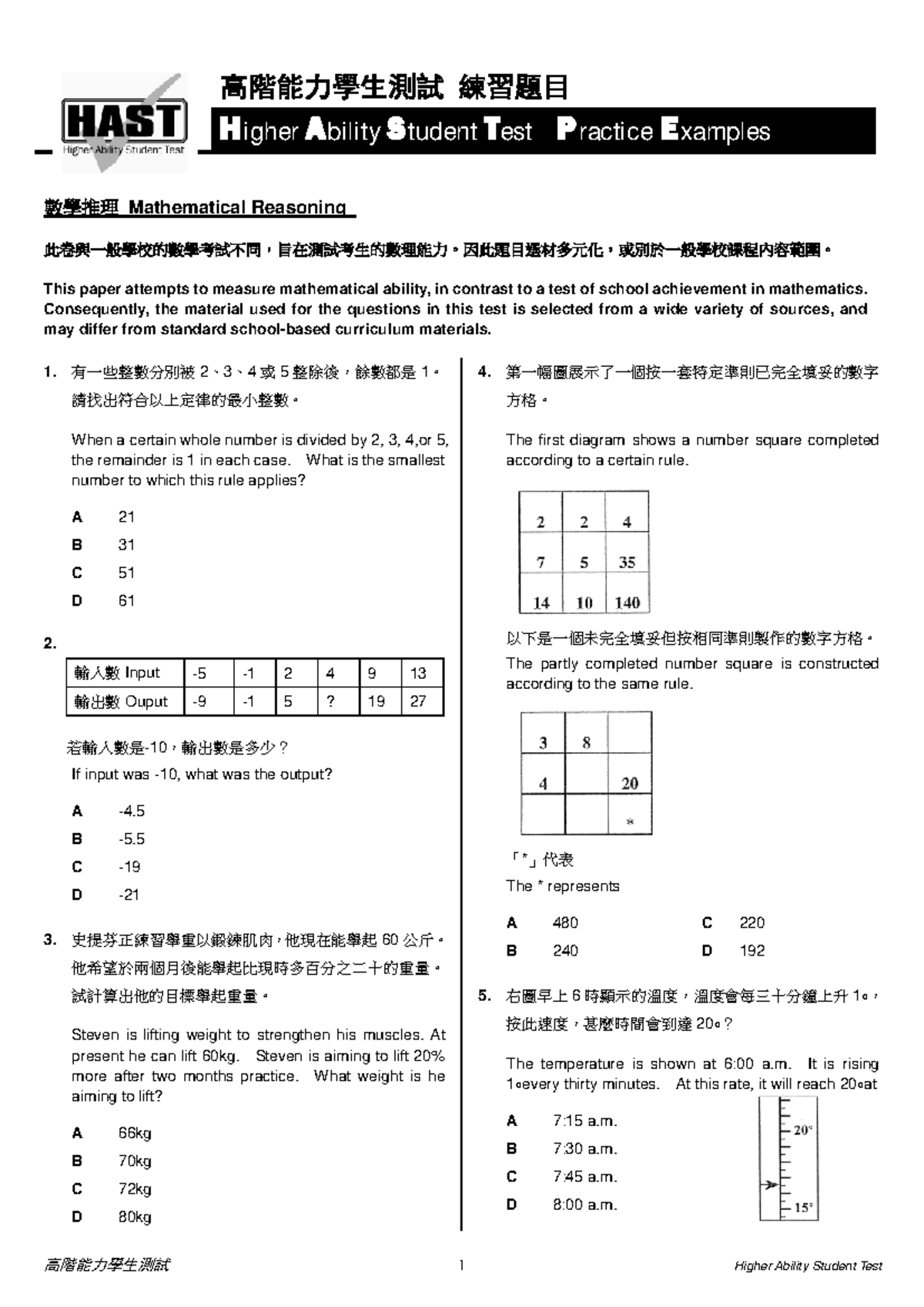 HAST Practice Examples - 高階能力學生測試 練習題目 Higher Ability Student Test ...