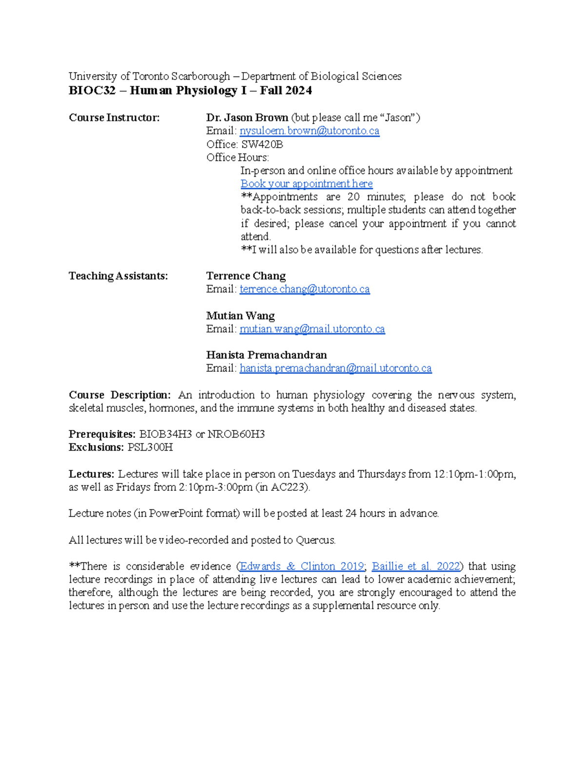BIOC32 - Course Syllabus - Fall 2024.docx - University of Toronto ...