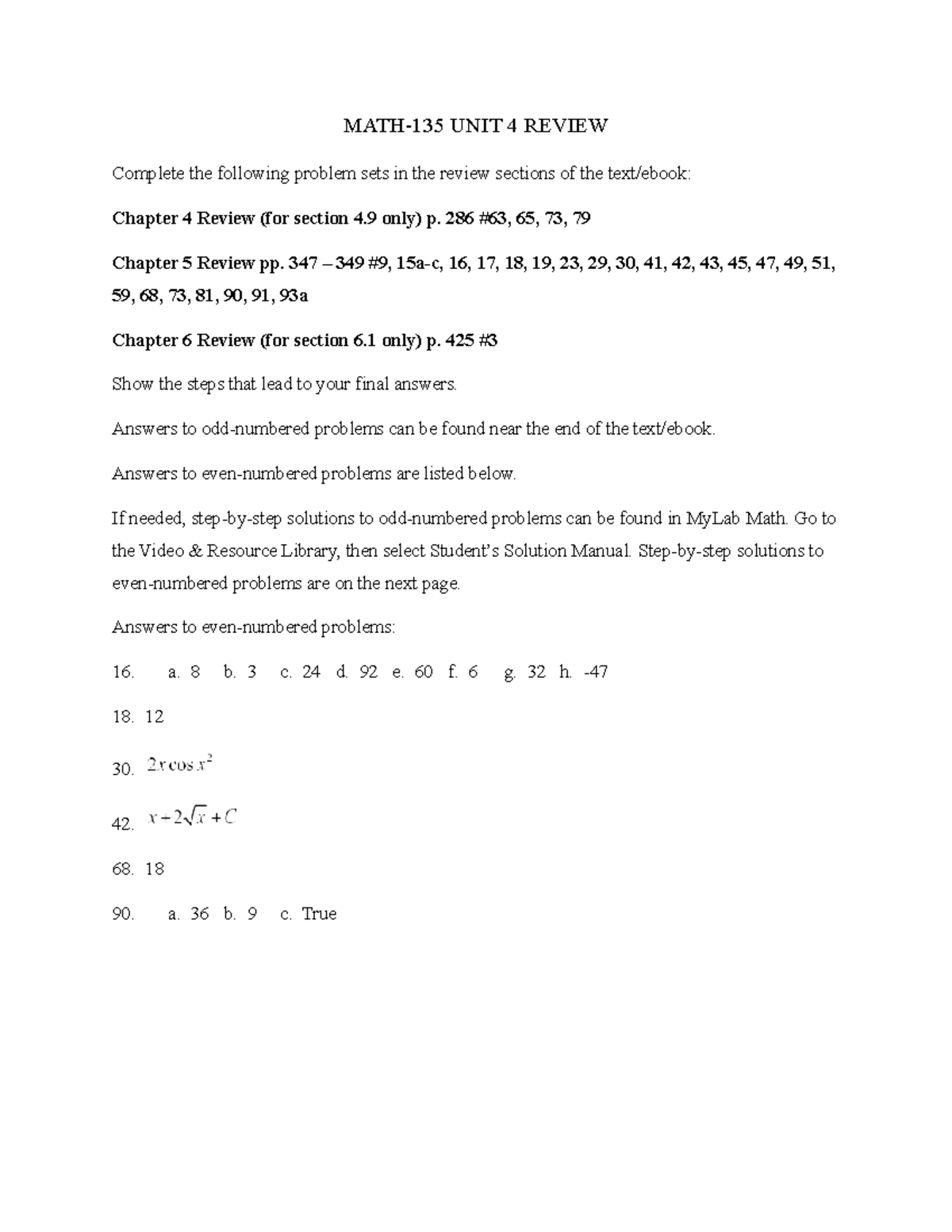 Unit 4 Review (textbook) - MATH-135 UNIT 4 REVIEW Complete the ...