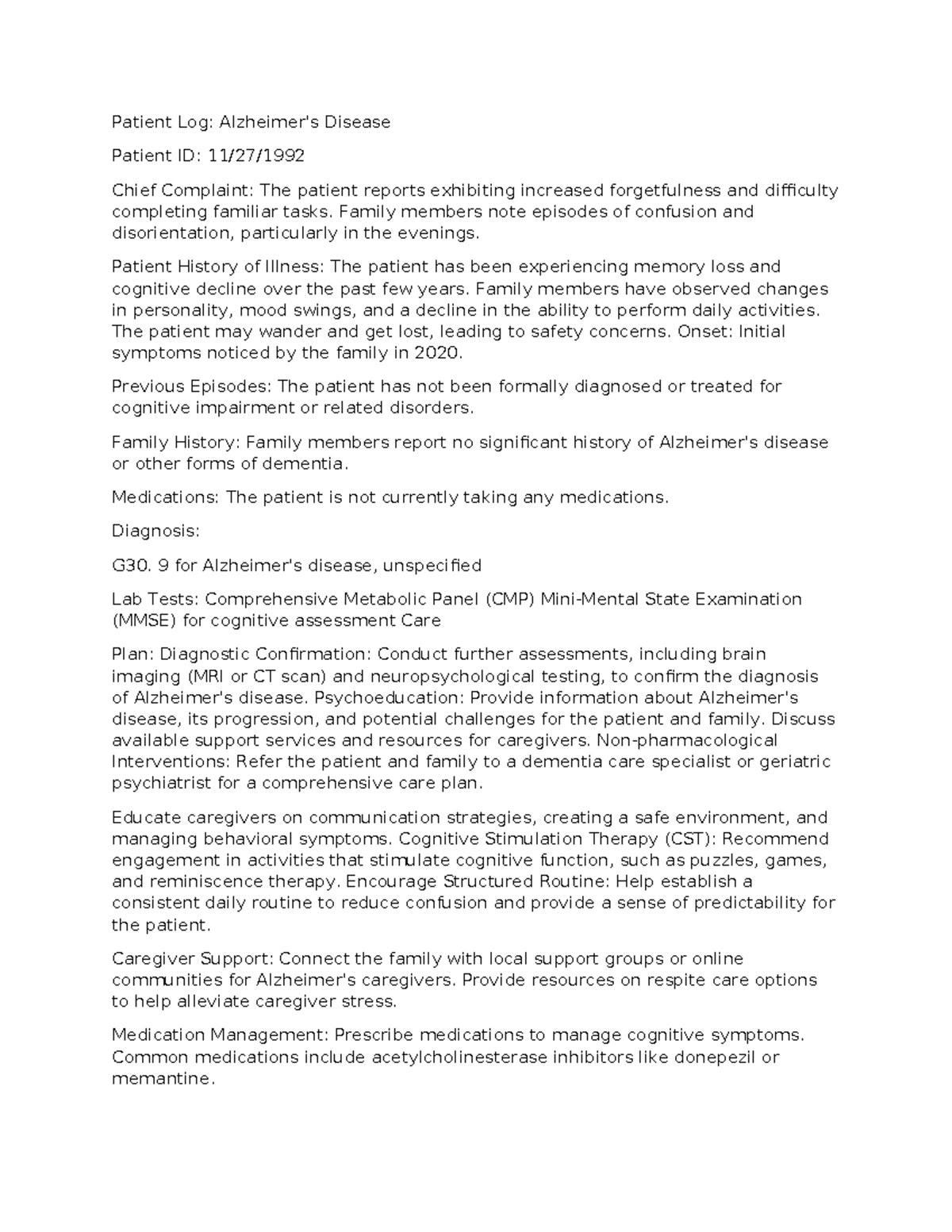 Patient Log - good - Patient Log: Alzheimer's Disease Patient ID: 11/27 ...