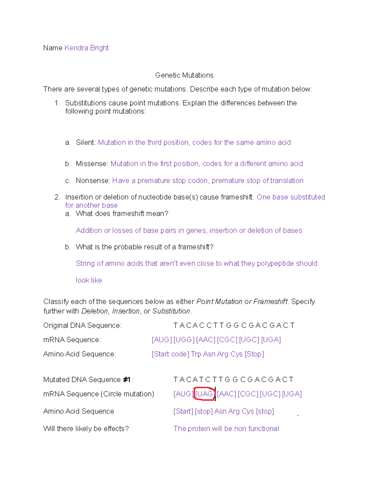 Genetic Mutation Worksheet - Name Kendra Bright Genetic Mutations There ...