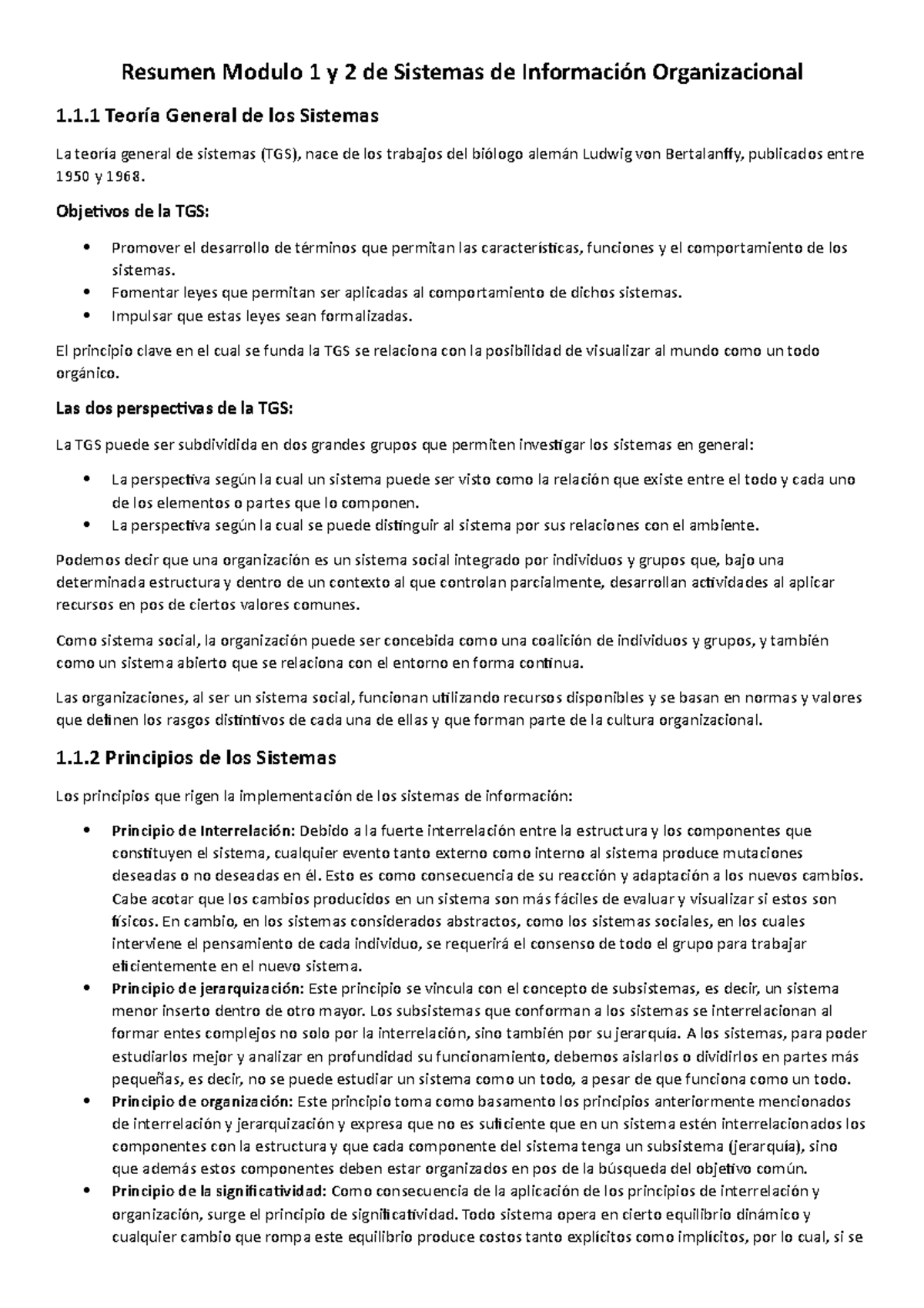 Resumen Modulo 1 y 2 de Sistemas de Información Organizacional - 1 Teoría General de los ...