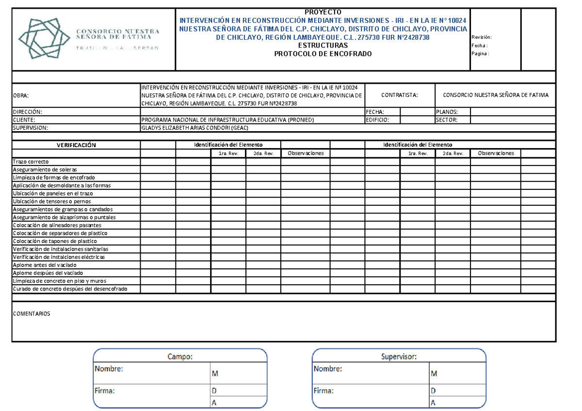 Protocolo DE Encofrado - Revisión:Fecha :Pagina : OBRA:DIRECCIÓN: FECHA ...
