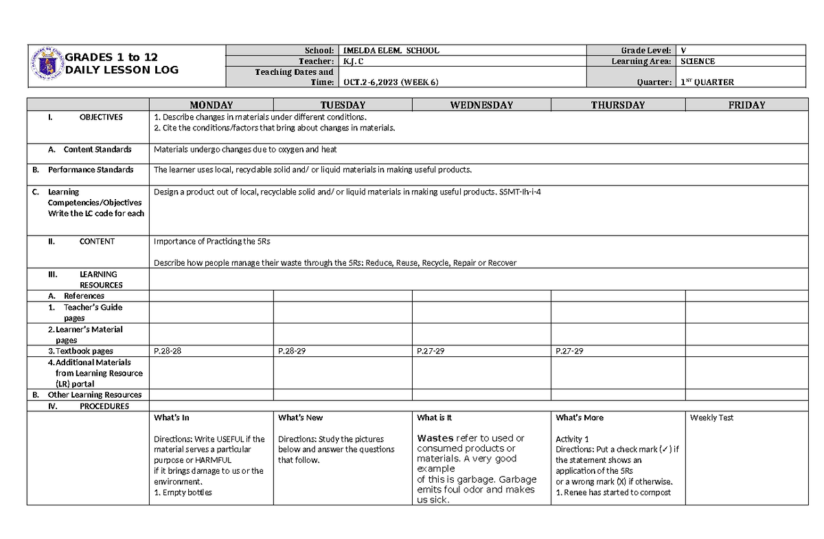 DLL Science 5 Q1 W6 - for teaching - GRADES 1 to 12 DAILY LESSON LOG ...