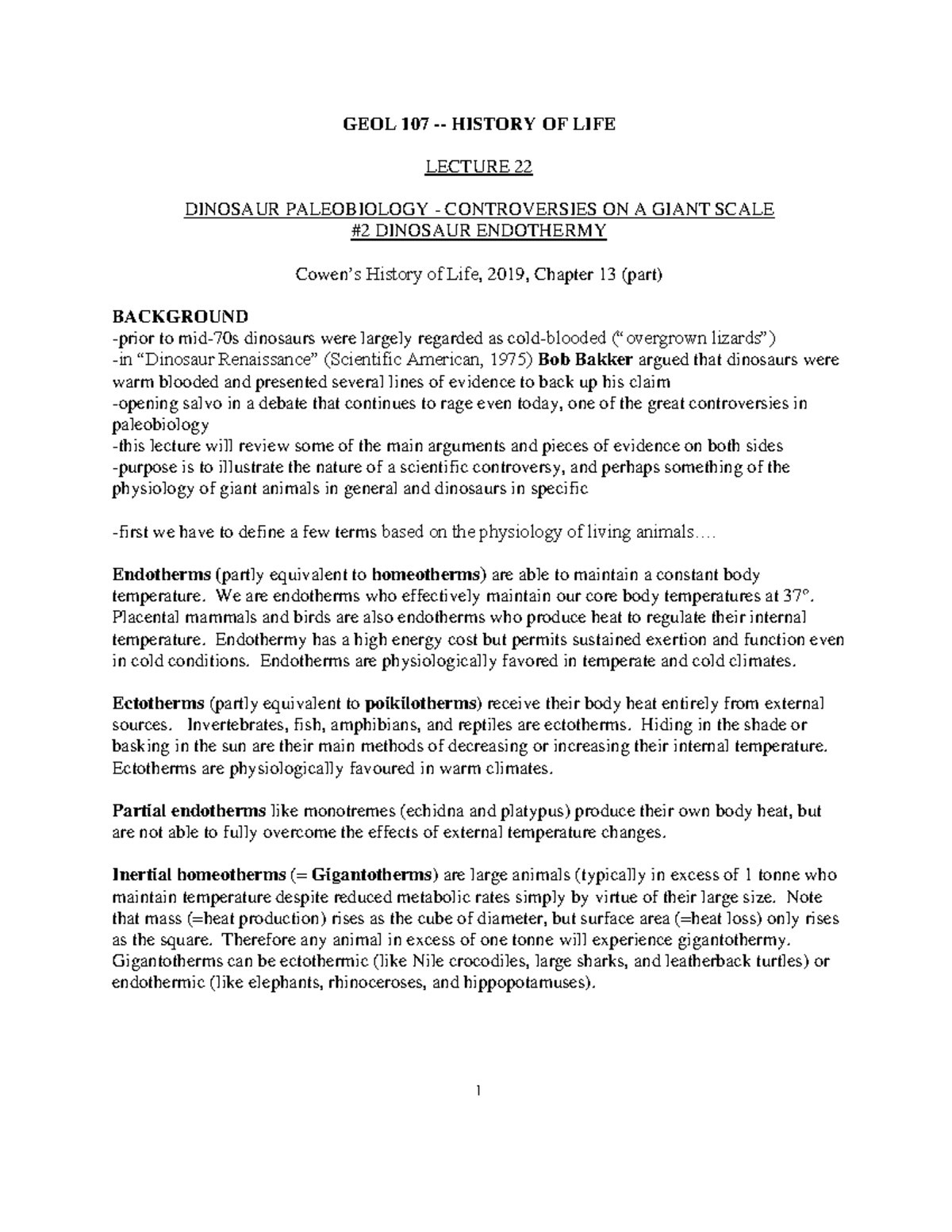 Geol107-lecture 22 2022 Dinosaur endothermy no Bottom Line complete ...