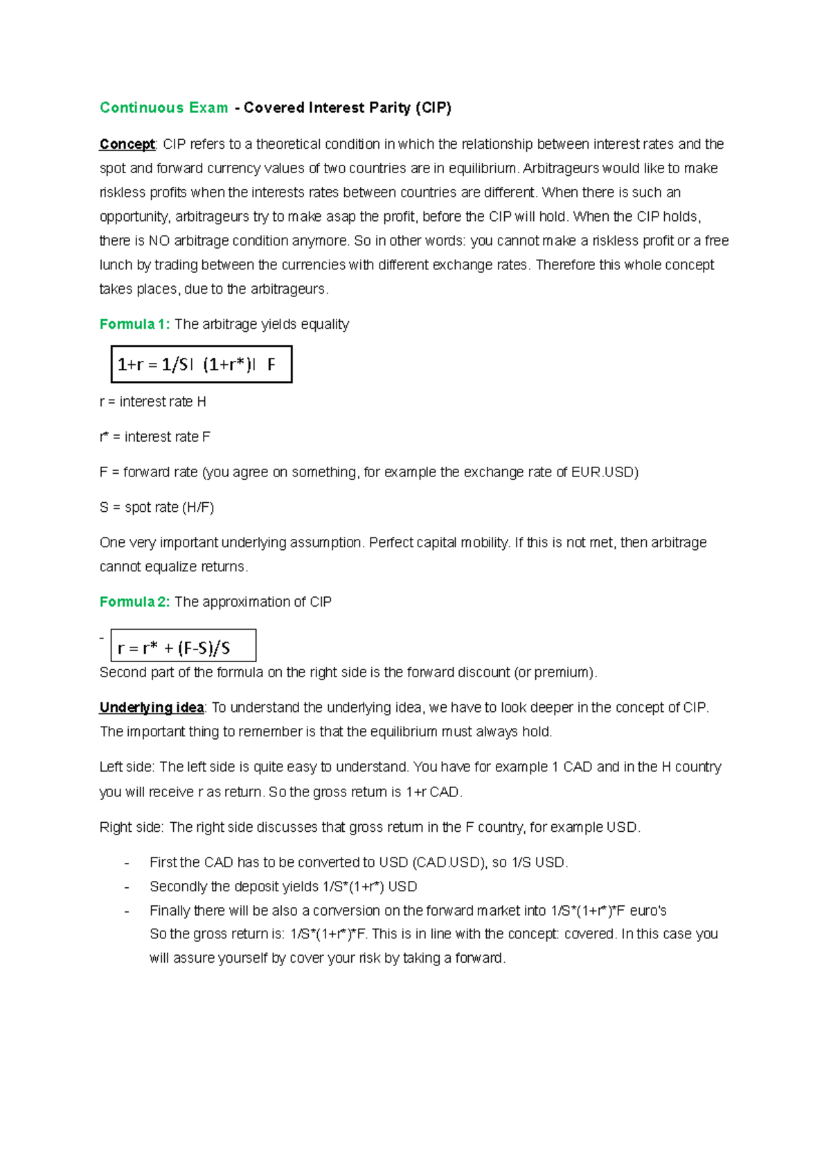 Week 2 Continuous Exam CIP - Continuous Exam Covered Interest Parity ...
