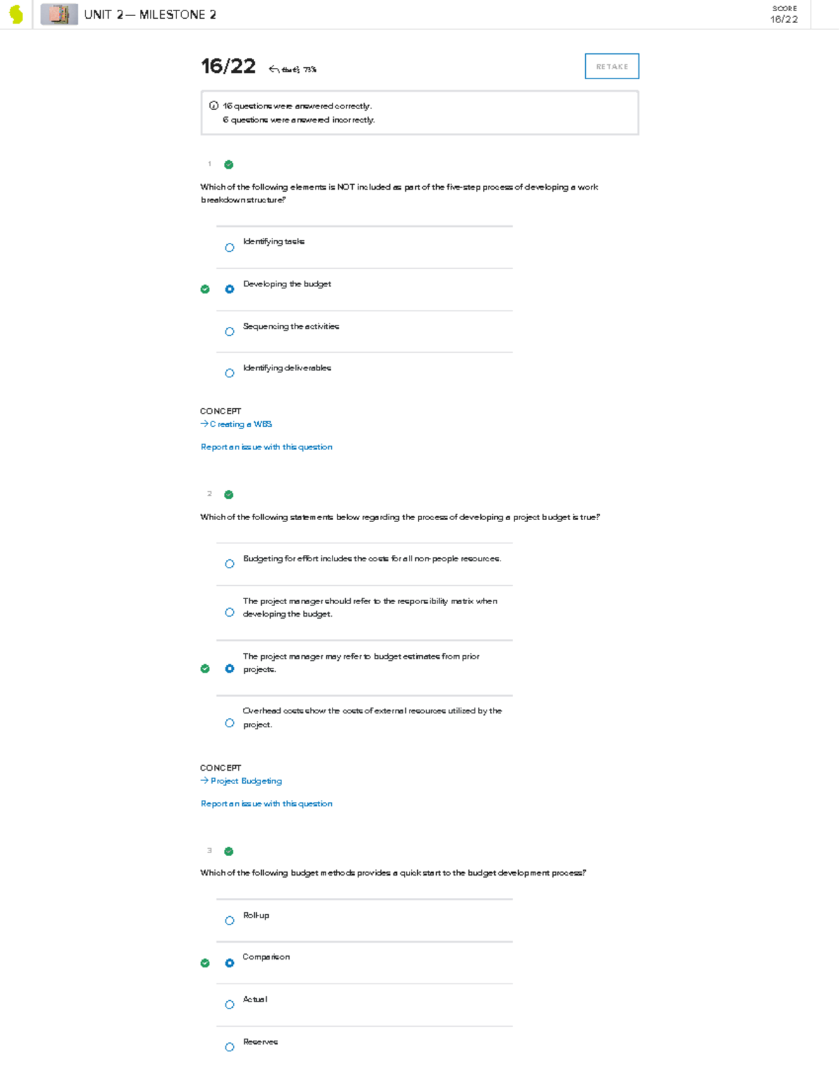 Milestone 2-16 out of 22 correct - 1 CONCEPT → Creating a WBS 2 CONCEPT ...