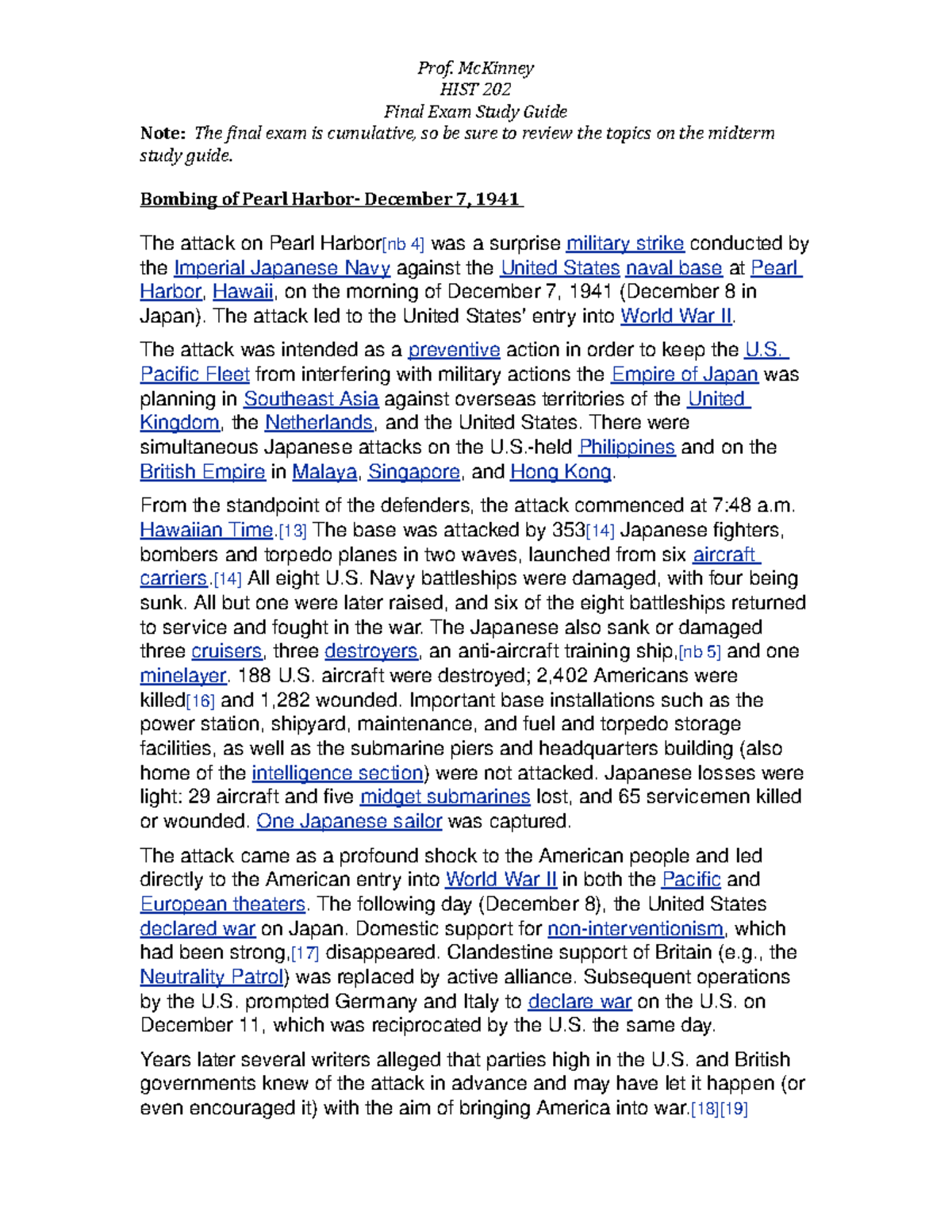 Final Study Guide HIST 202-2 - HIST 202 Final Exam Study Guide Note: The final exam is ...