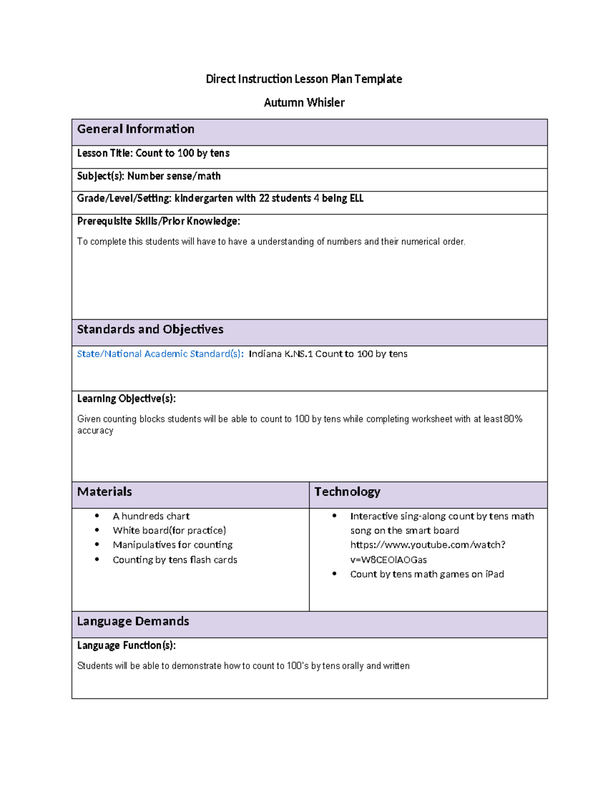 Math methods lesson plan - Direct Instruction Lesson Plan Template ...