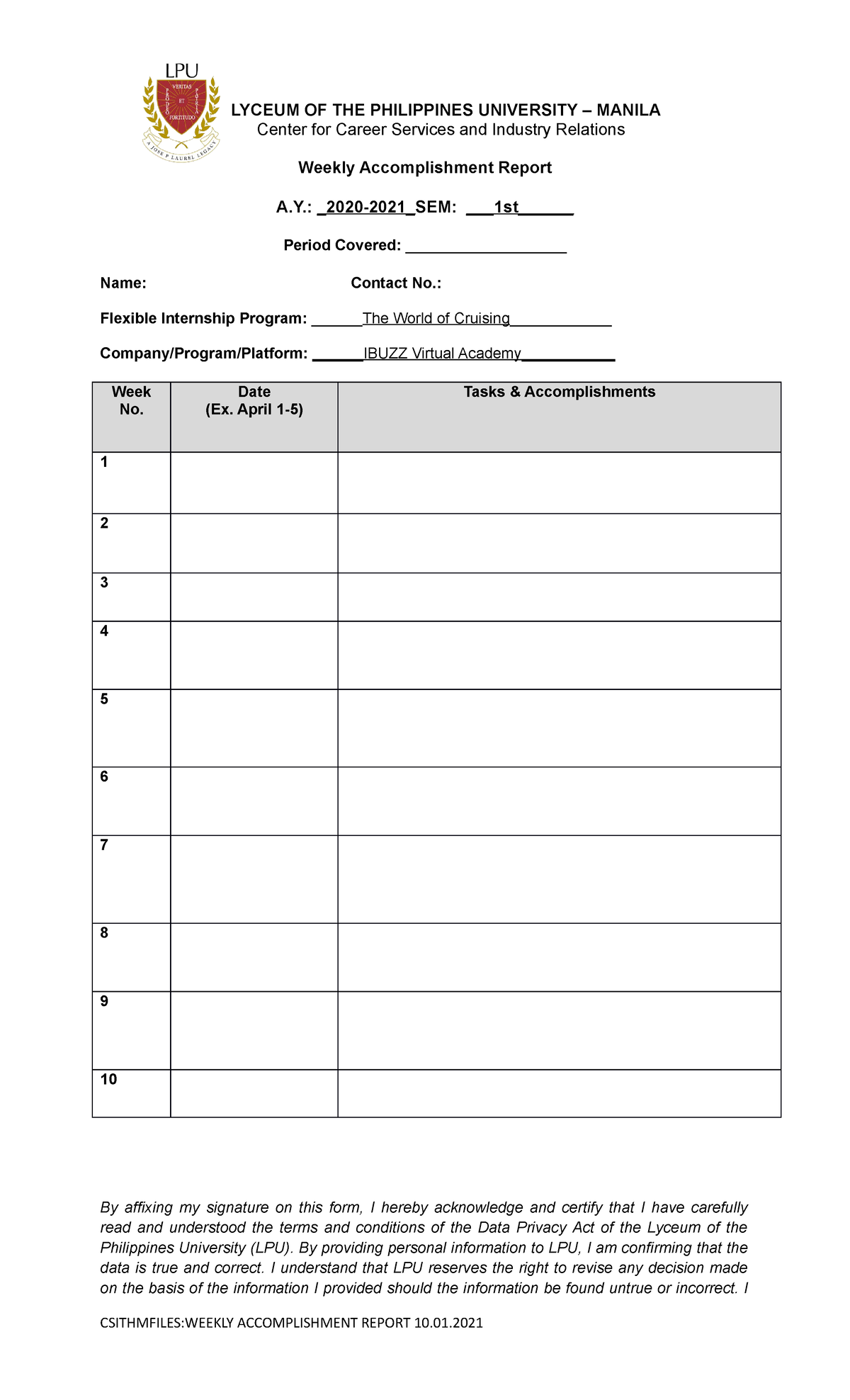 2.2 Weekly TASK Report - TWC - LYCEUM OF THE PHILIPPINES UNIVERSITY ...