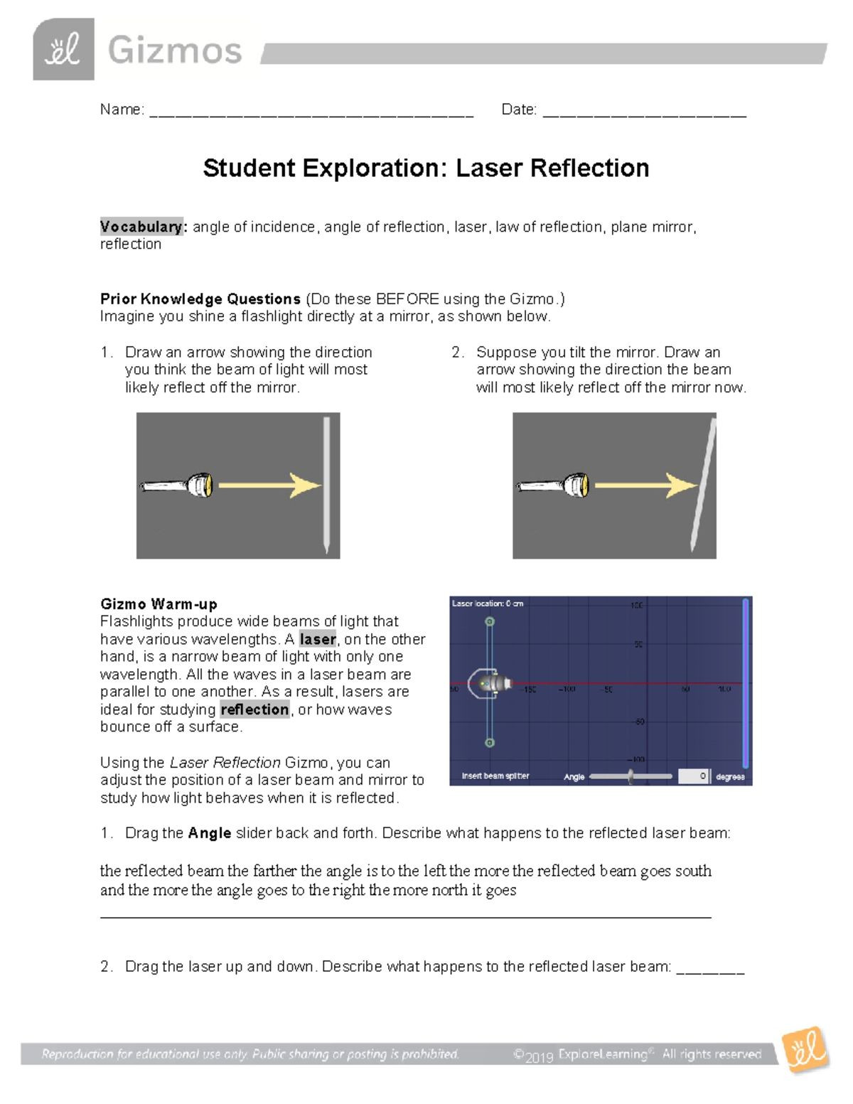 Laser Reflection SE - Name: ______________________________________ Date ...