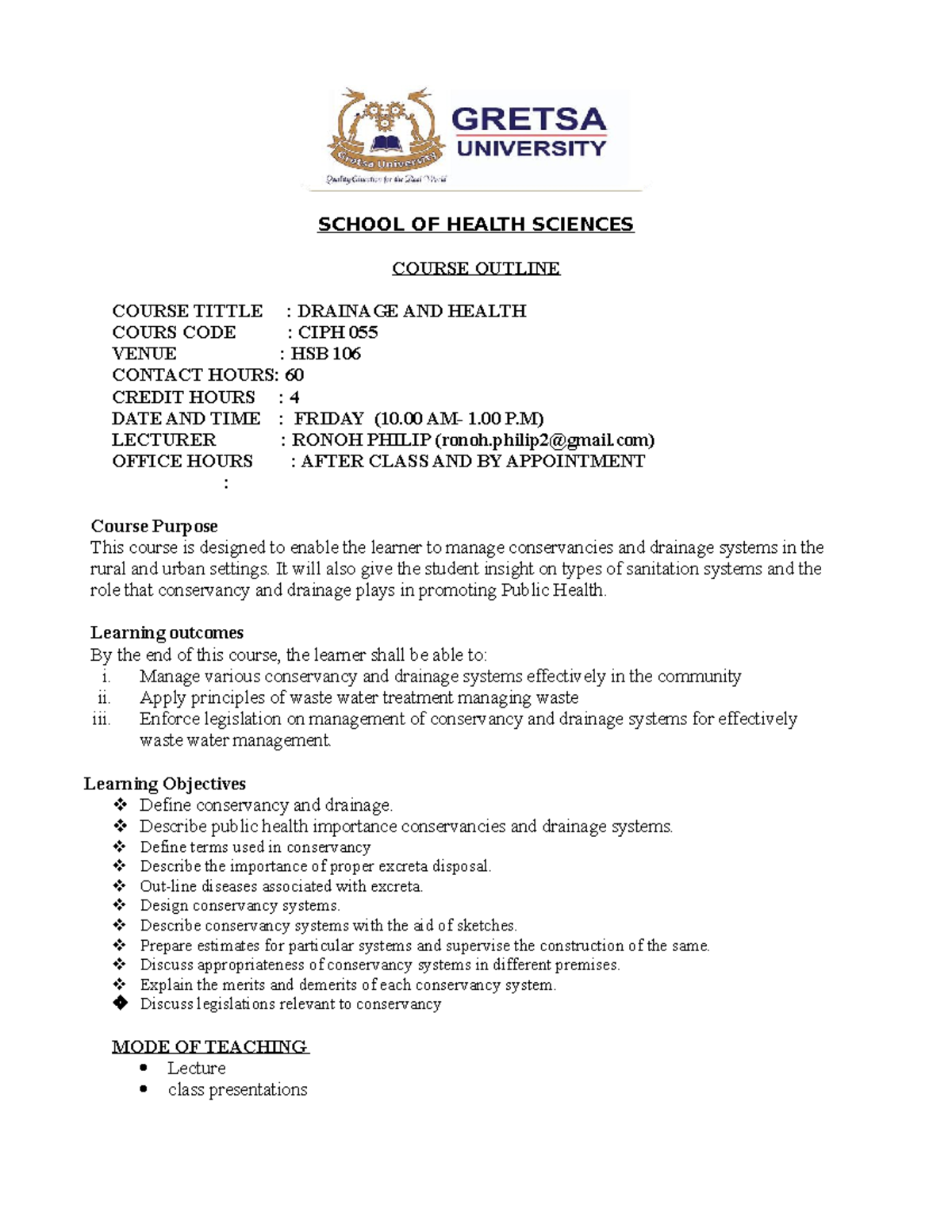 CIPH 055 Drainage AND Health - SCHOOL OF HEALTH SCIENCES COURSE OUTLINE ...