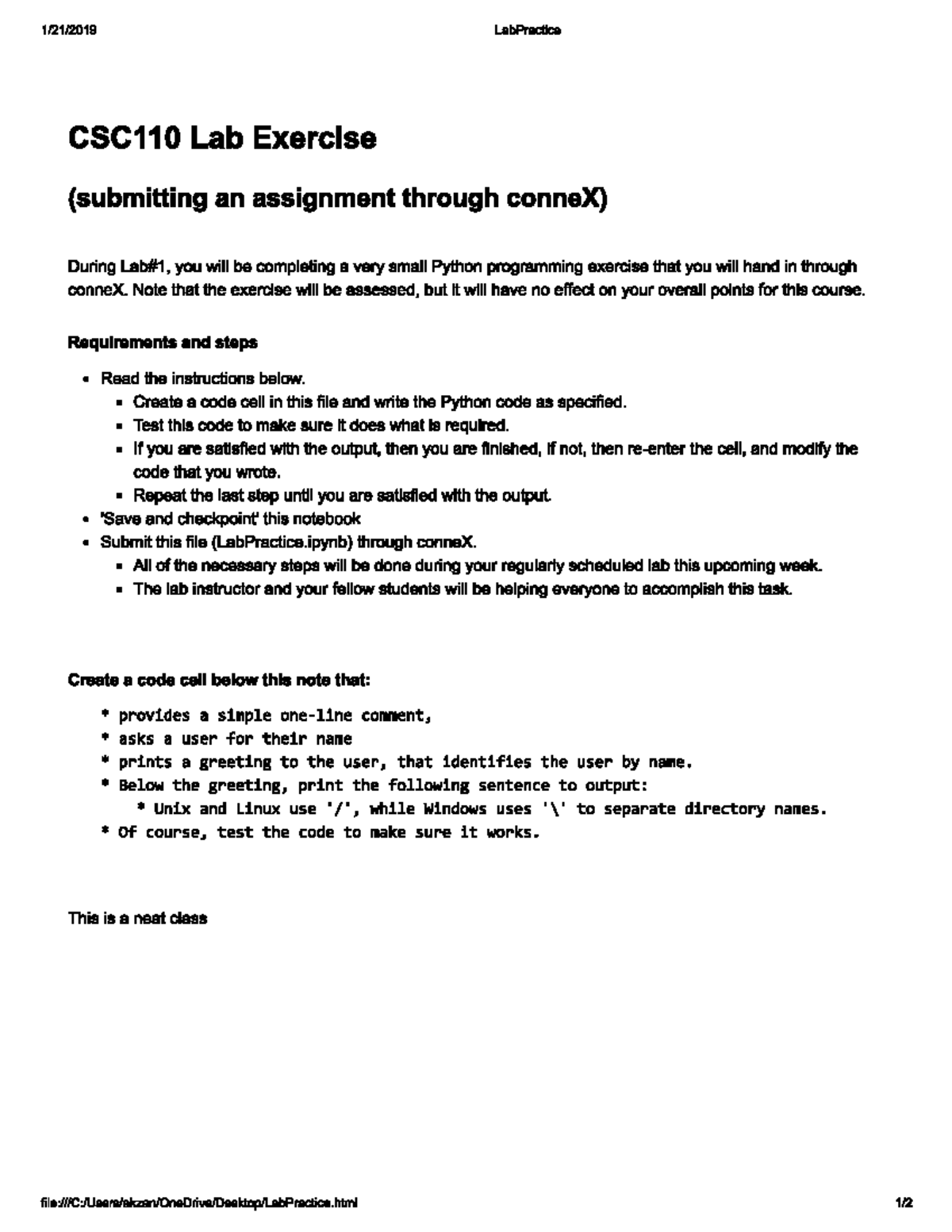 Lab practice - 1/21/2019 LabPractice CSC110 Lab Exercise (submitting an ...