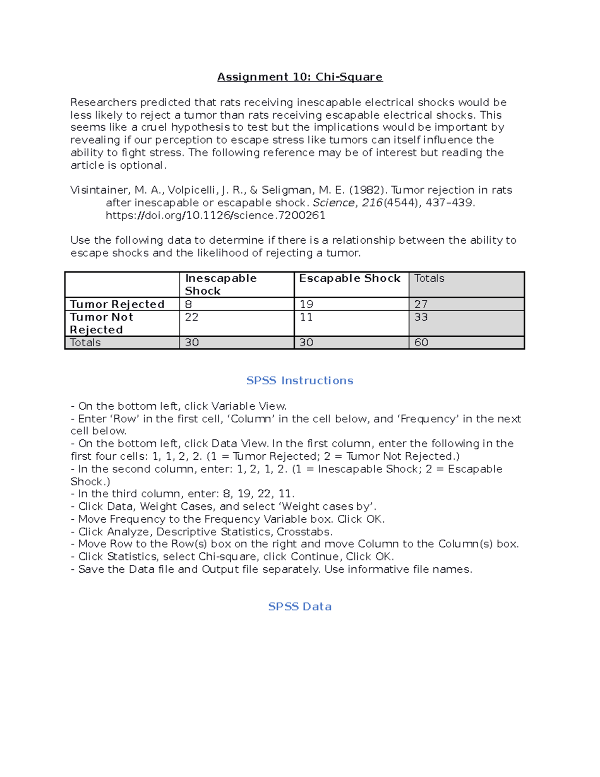 Assignment 10 Steiner - Assignment 10: Chi-Square Researchers predicted that rats receiving ...