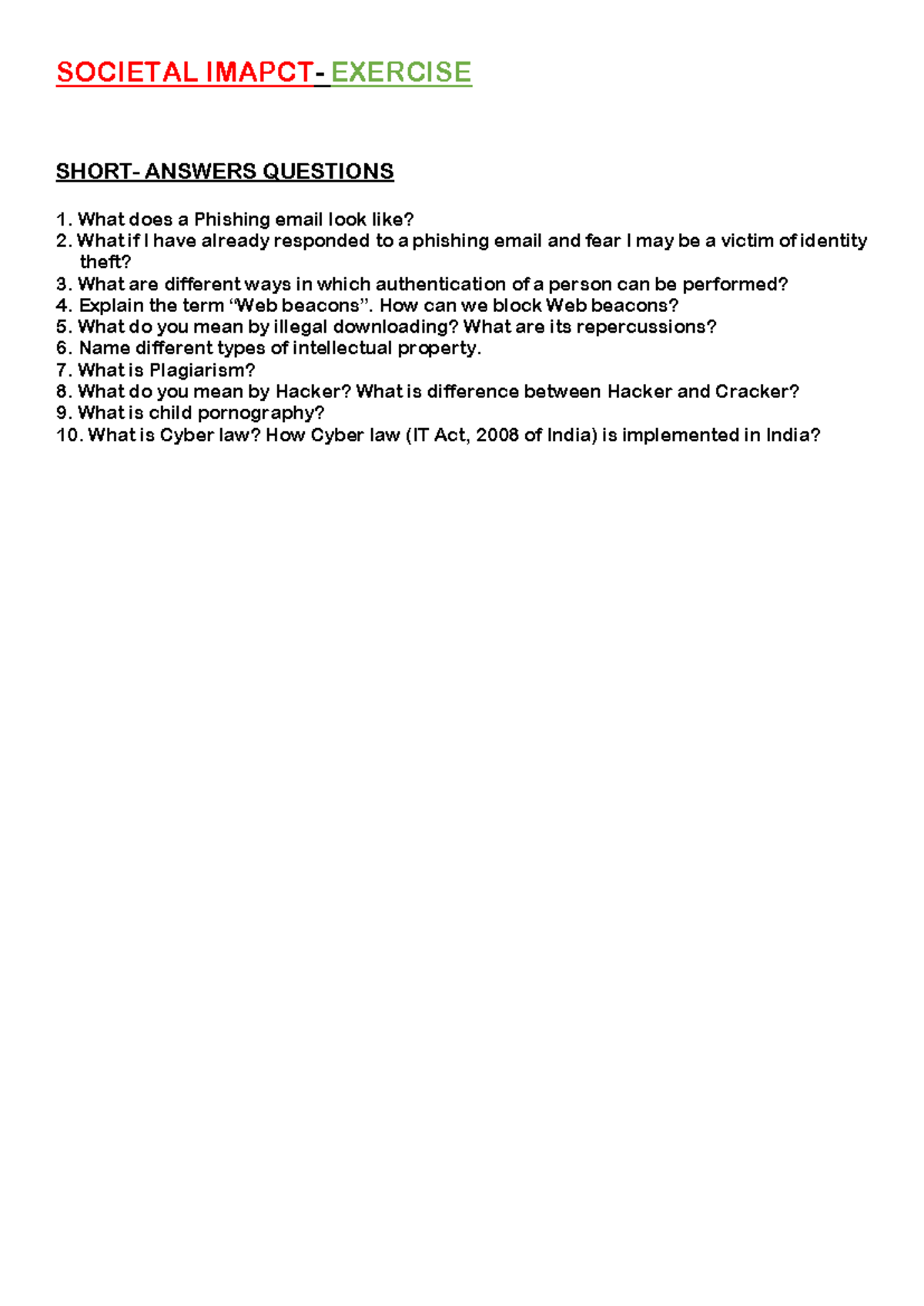 Societal Imapct- Short-Answer Questions - SOCIETAL IMAPCT- EXERCISE ...