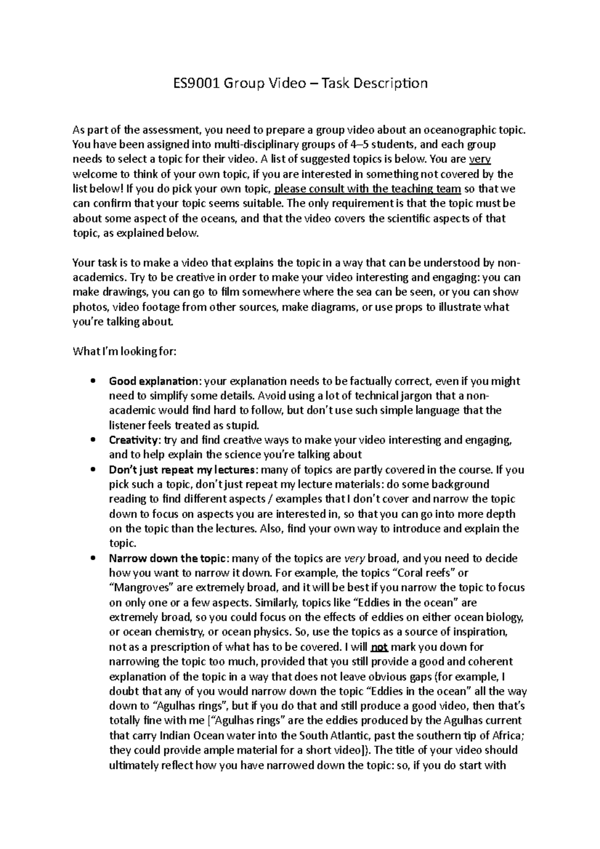 Group video info and topics - ES9001 Group Video – Task Description As ...