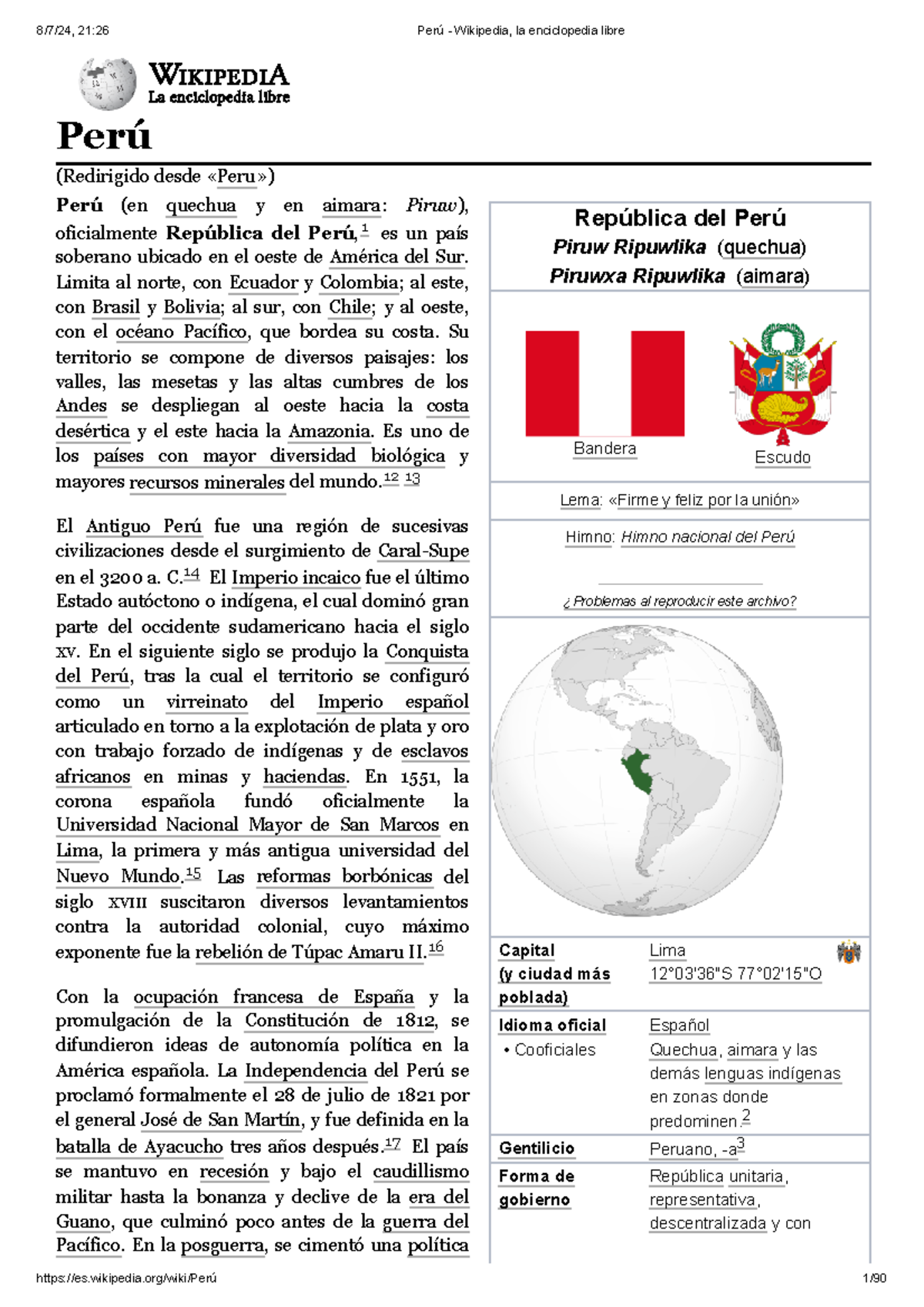 Perú - Wikipedia, la enciclopedia libre - República del Perú Piruw ...