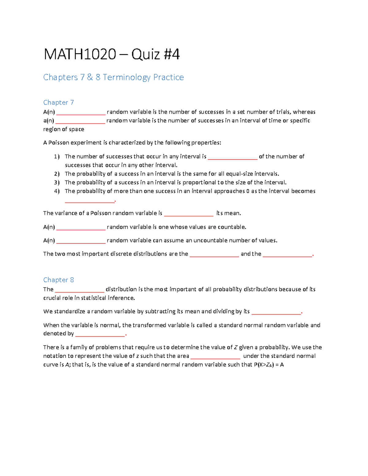 MATH1020 Ch 7 and 8 Terminology Practice - MATH1020 – Quiz Chapters 7 ...