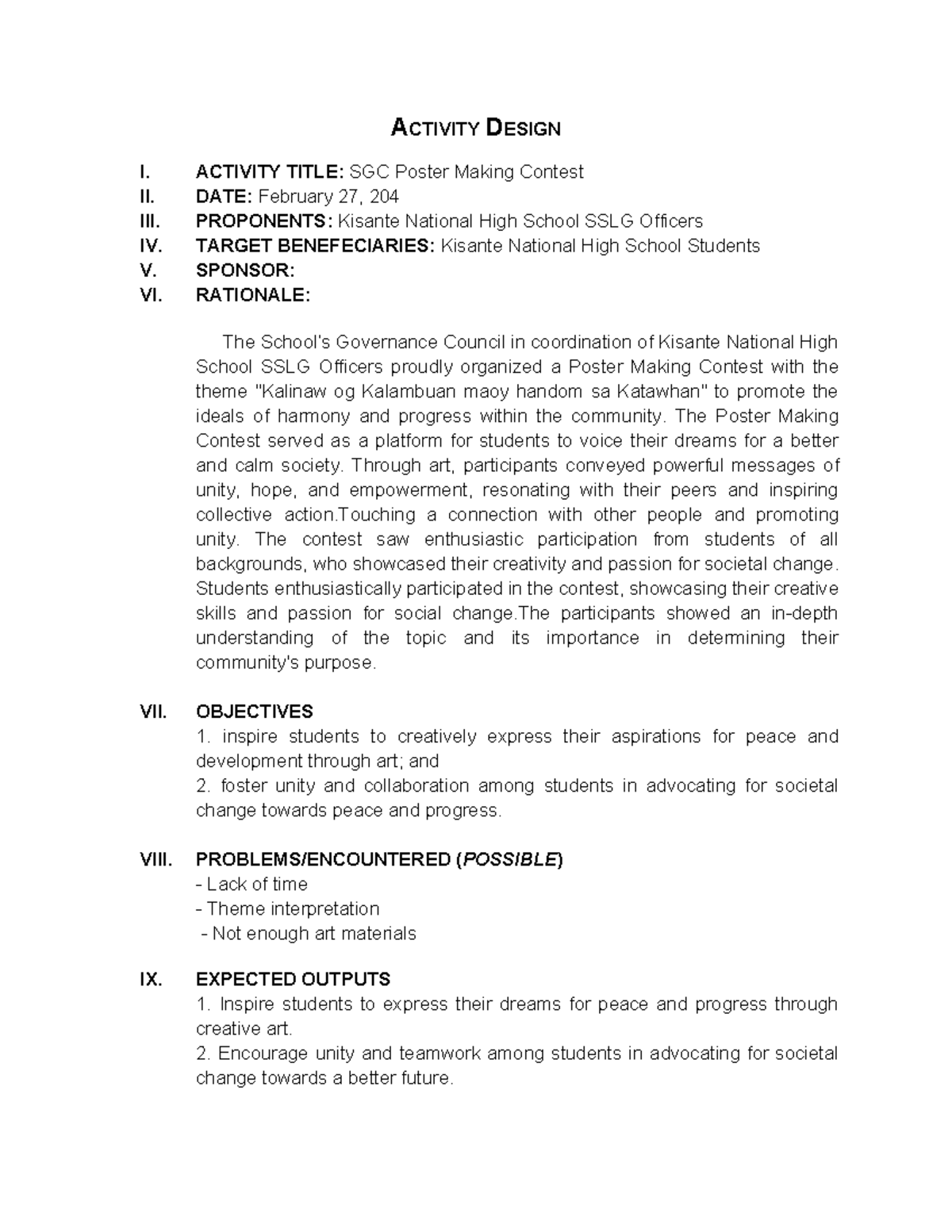 Activity Design - ACTIVITY DESIGN I. ACTIVITY TITLE: SGC Poster Making ...