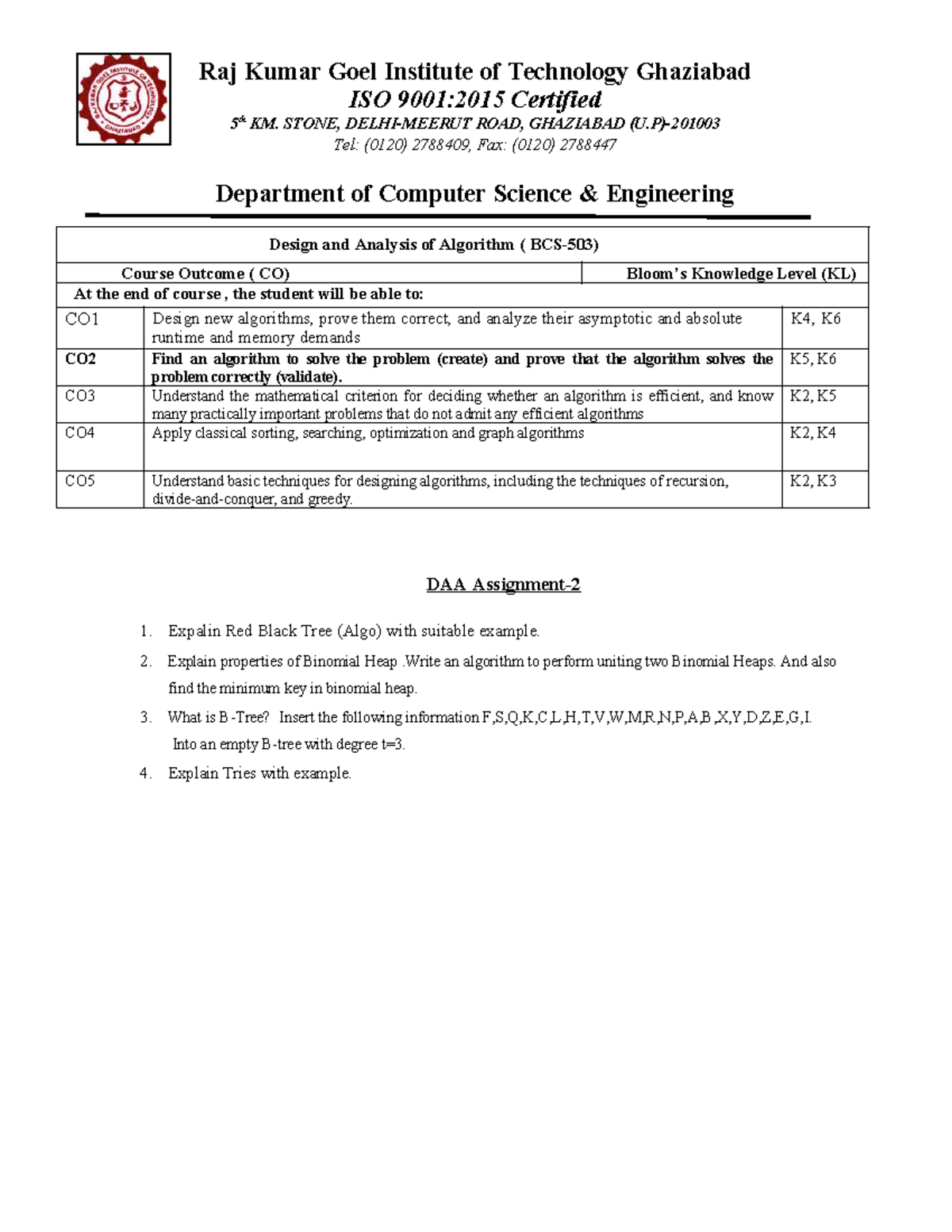DAA Assignment 2 - Daa notes - Raj Kumar Goel Institute of Technology ...