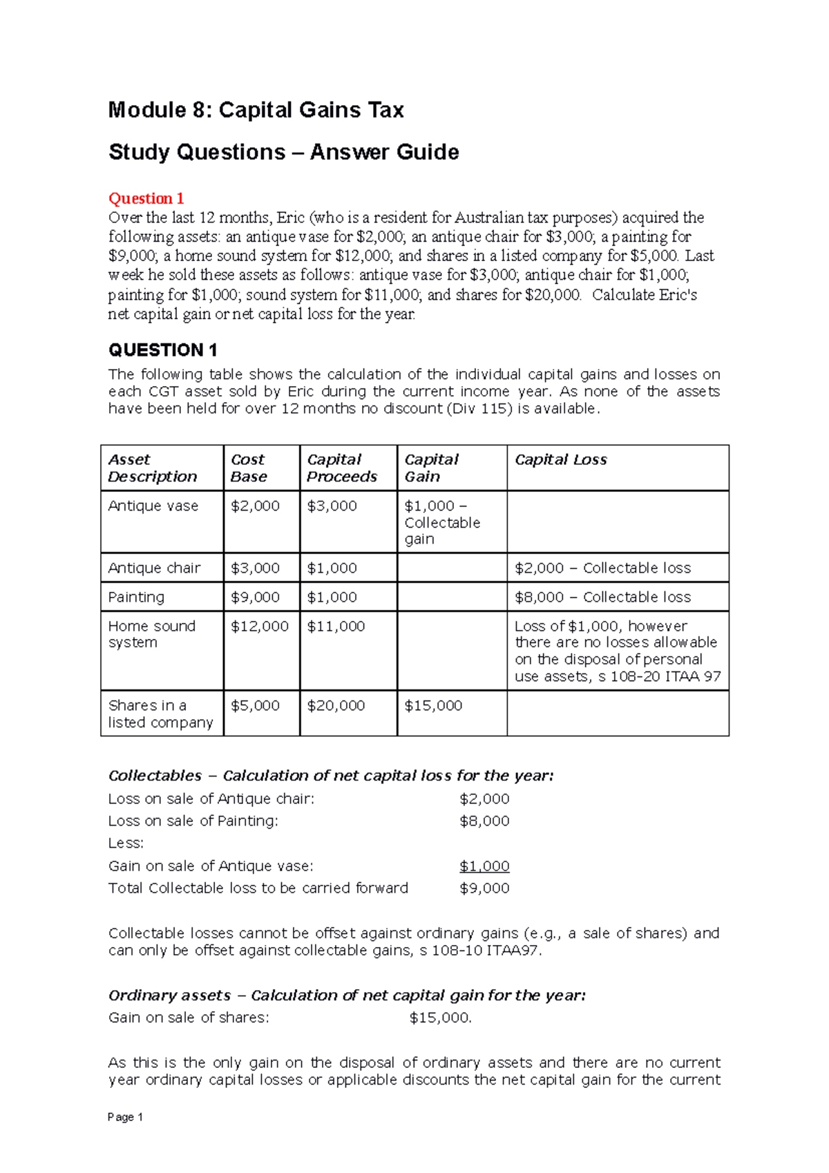 Module 8 - Study Questions - Answer Guide - Module 8: Capital Gains Tax ...