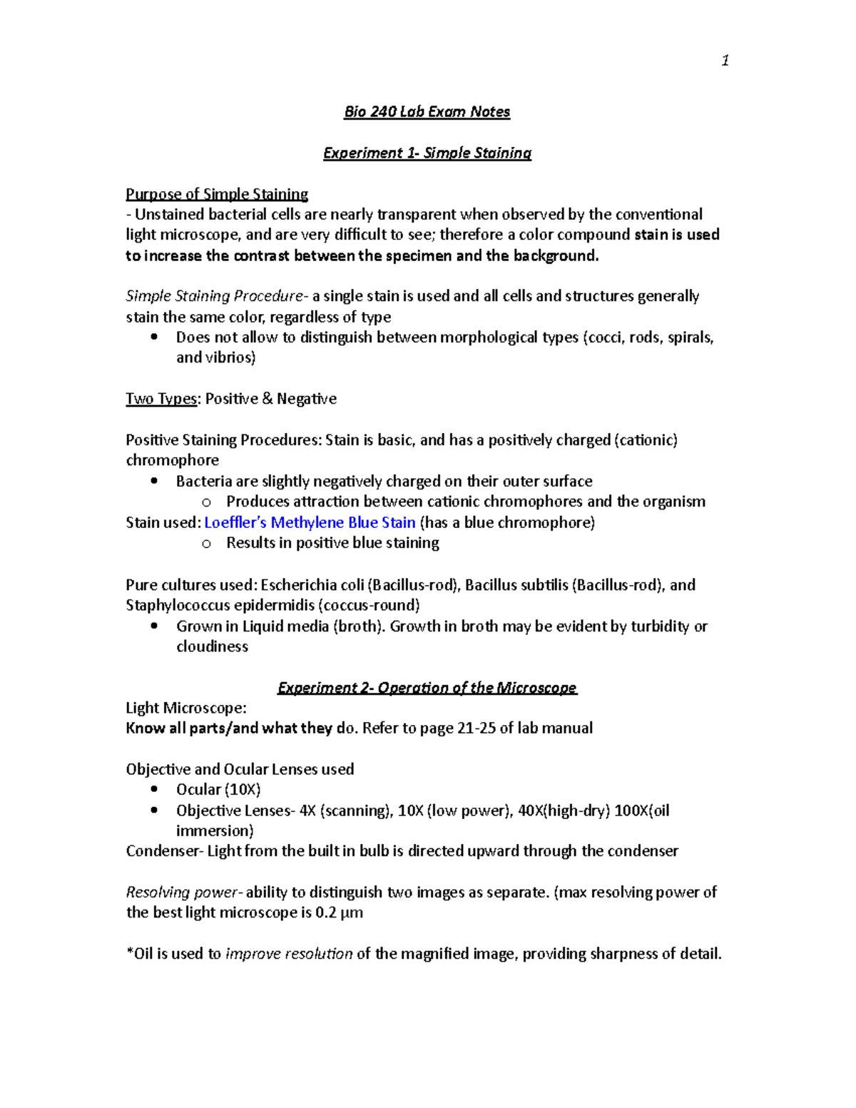 Bio 240 Lab Exam Notes 1 Bio 240 Lab Exam Notes Experiment Simple Staining Purpose Of Simple 