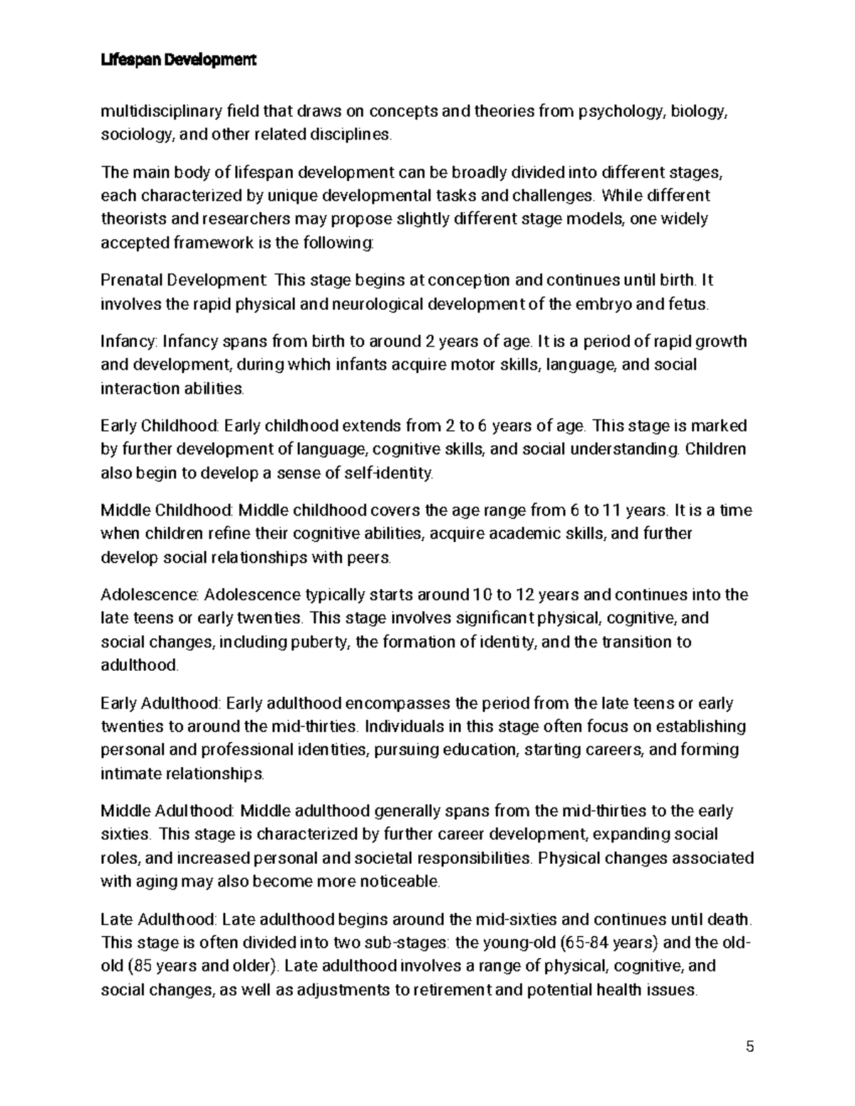 Lifespan Development-5 - Lifespan Development 5 multidisciplinary field ...