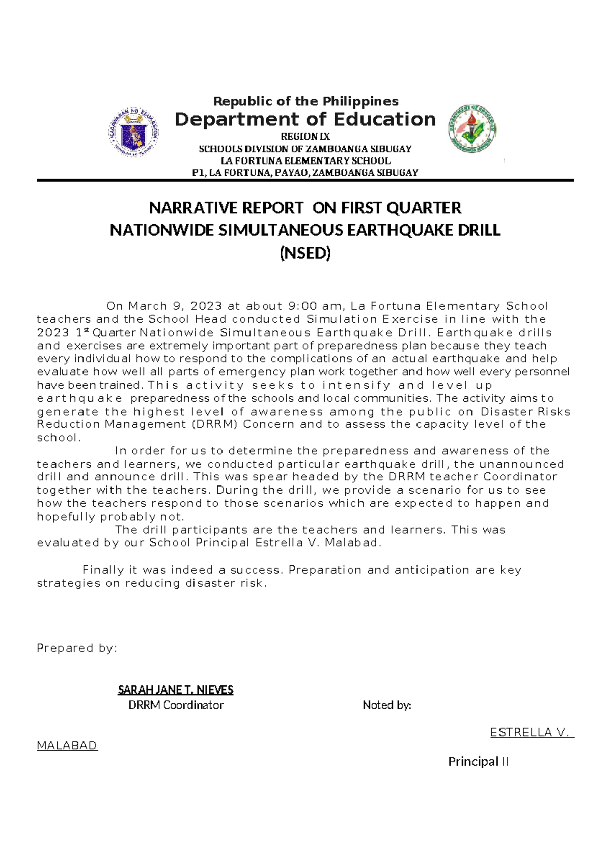 Narrative report drrm 1st quarter - Republic of the Philippines Department of Education REGION ...