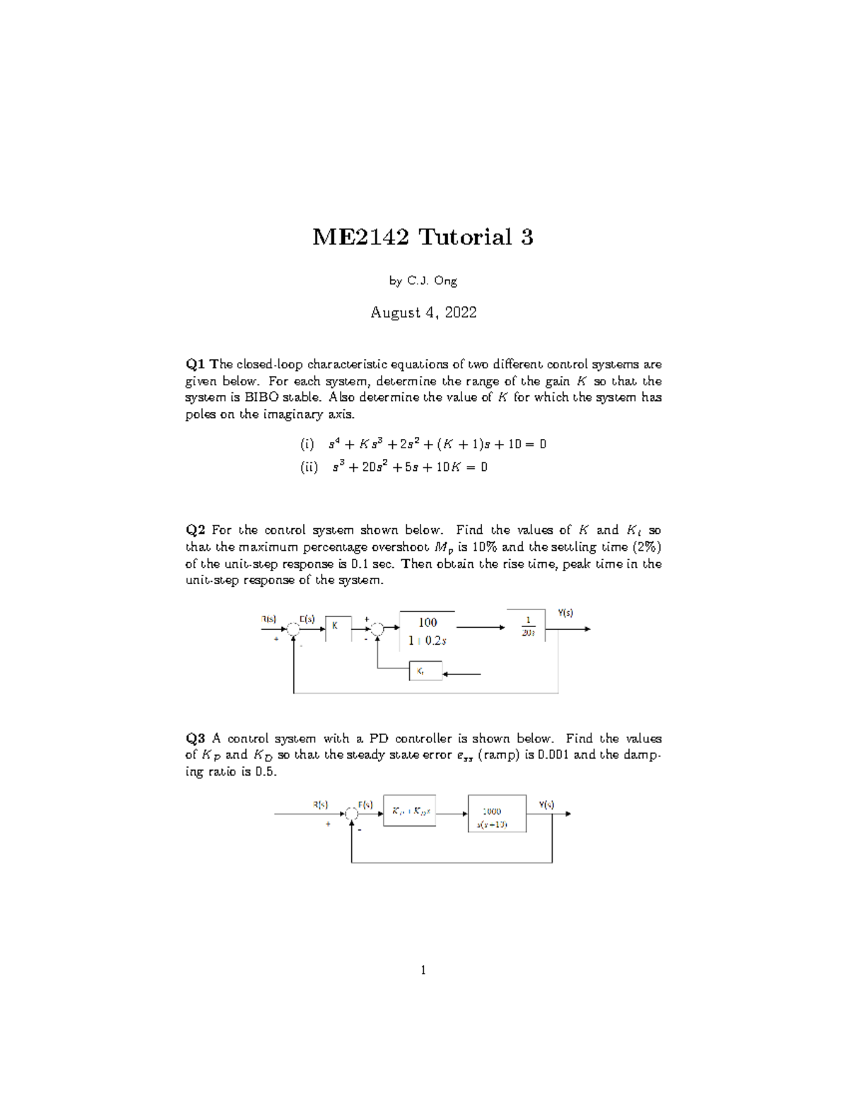 ME2142 Tutorial 3 - part 1 - ME2142 Tutorial 3 by C. Ong August 4, 2022 Q1 The closed-loop - Studocu