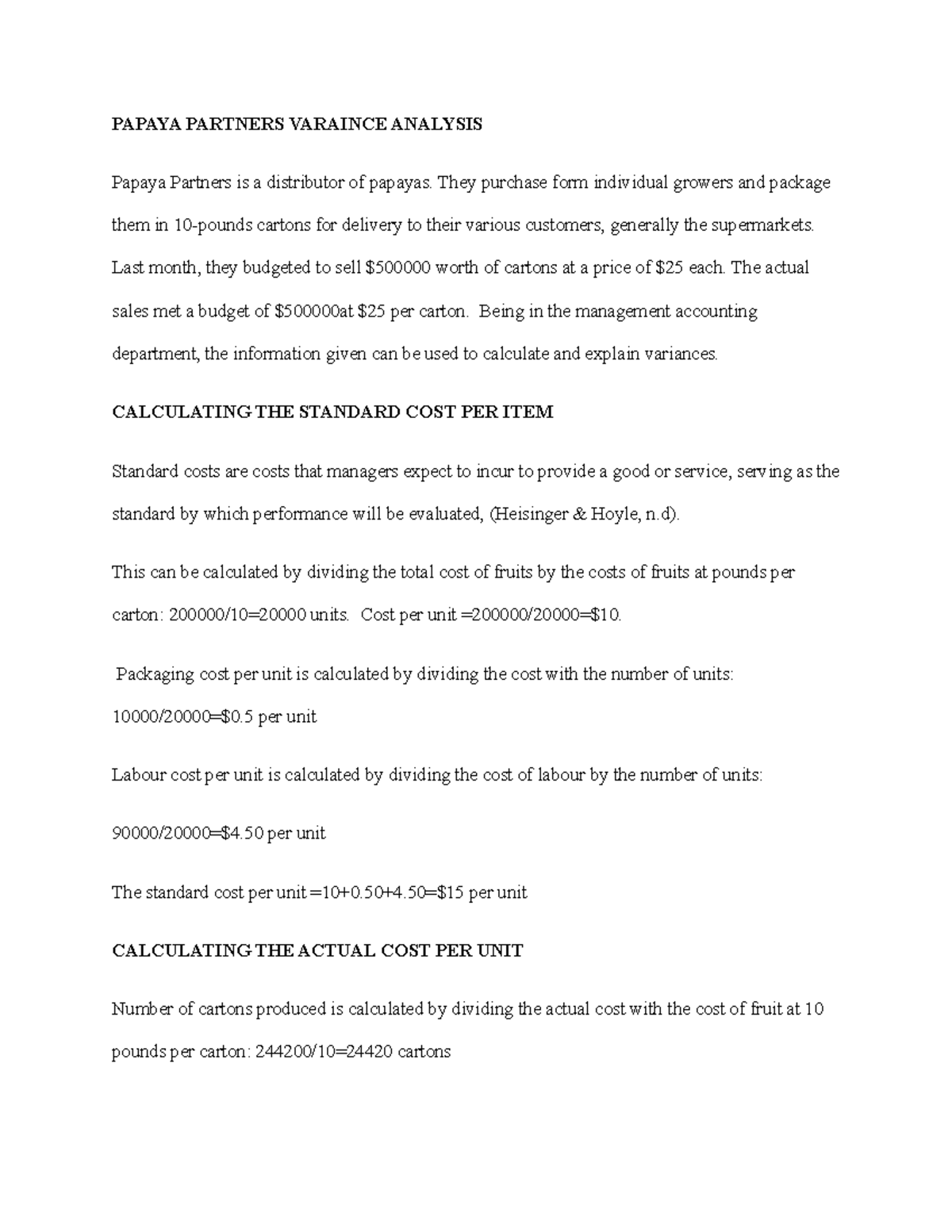 Papaya Partners case study - PAPAYA PARTNERS VARAINCE ANALYSIS Papaya ...