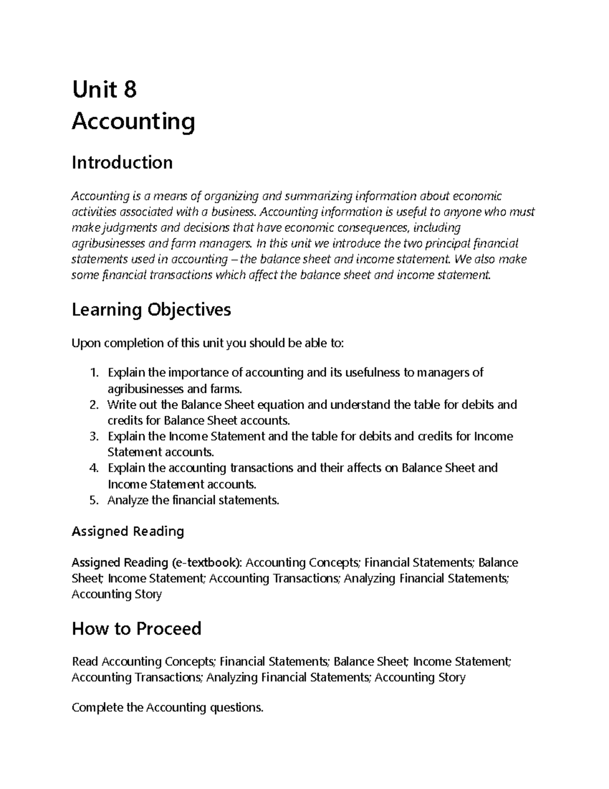 ABIZ 1000 Unit 8 - unit 8 - Unit 8 Accounting Introduction Accounting ...