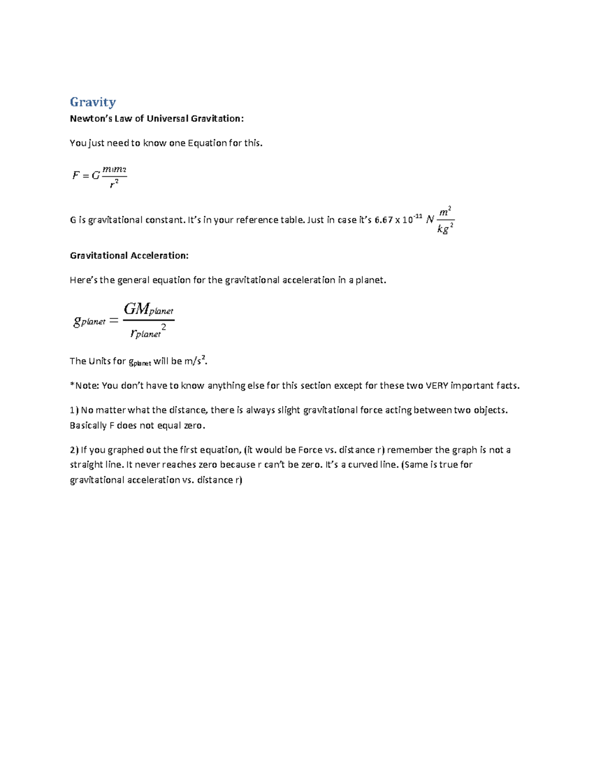 Gravity - Summary Gen Physics I Calc Based (Lec) - Gravity Newton’s Law ...