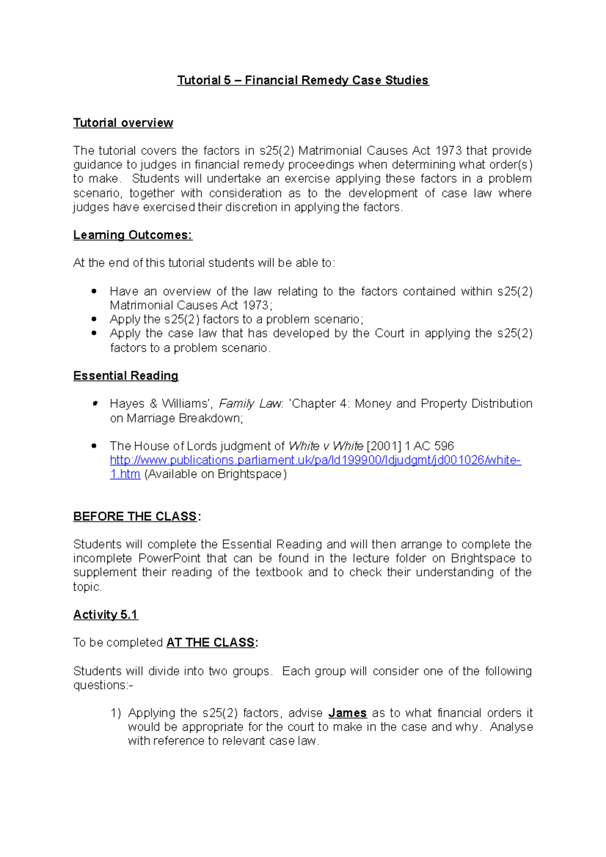 Tutorial 5 - family - Tutorial 5 – Financial Remedy Case Studies ...